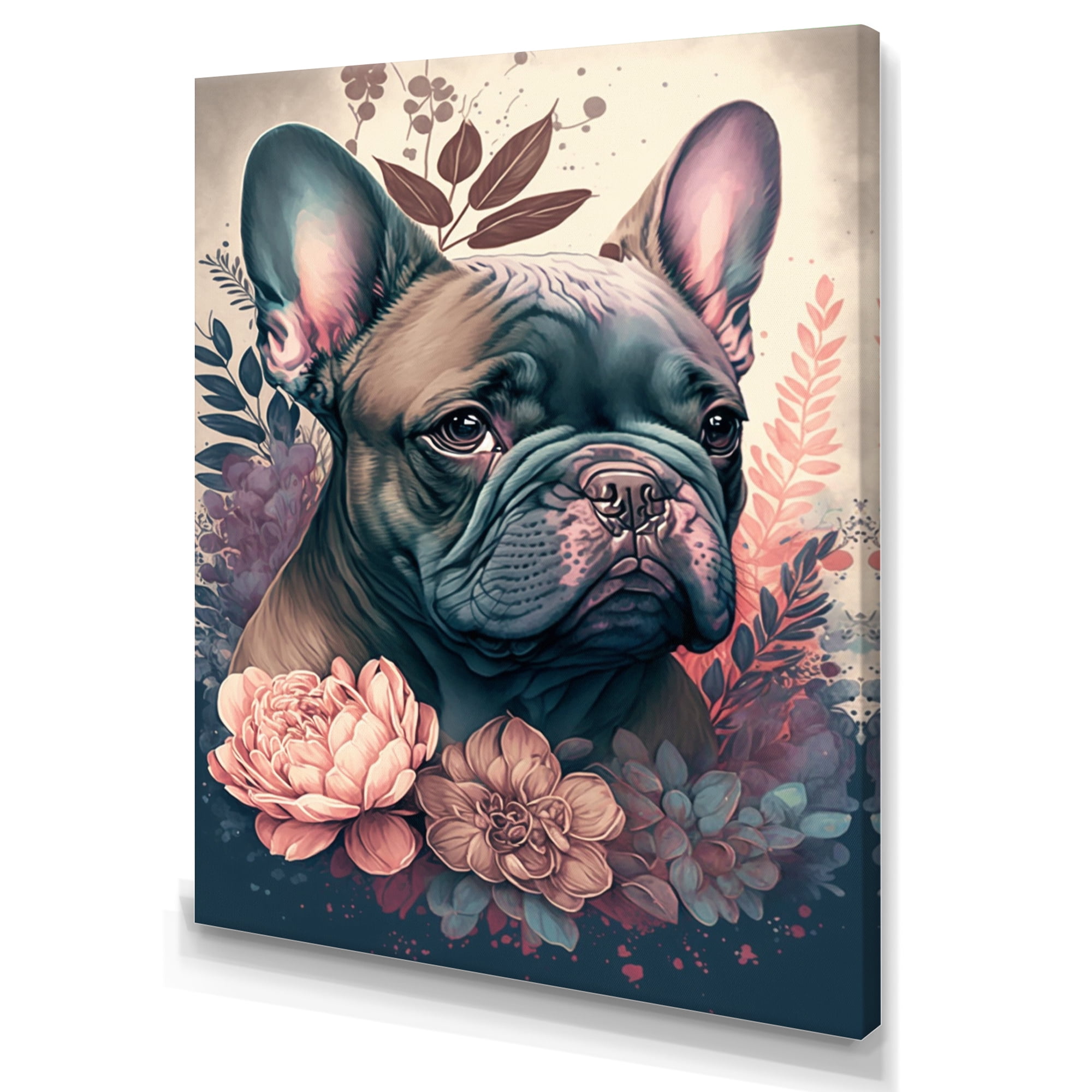 Free Shipping! Designart Cute Frenchie Floral Canvas Wall Art - Animal ...