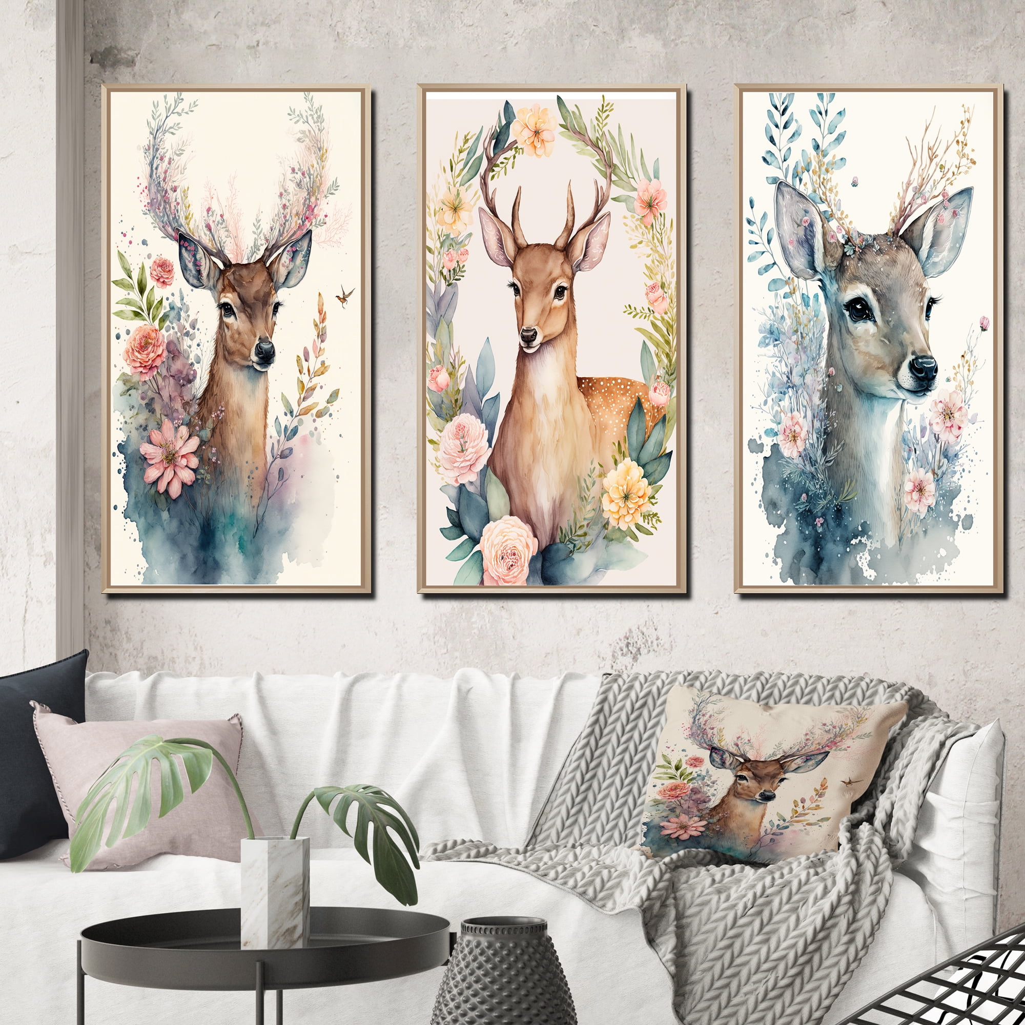 Designart "Cute Little Deer Adorned with Pink Flowers" Animal Landscape ...