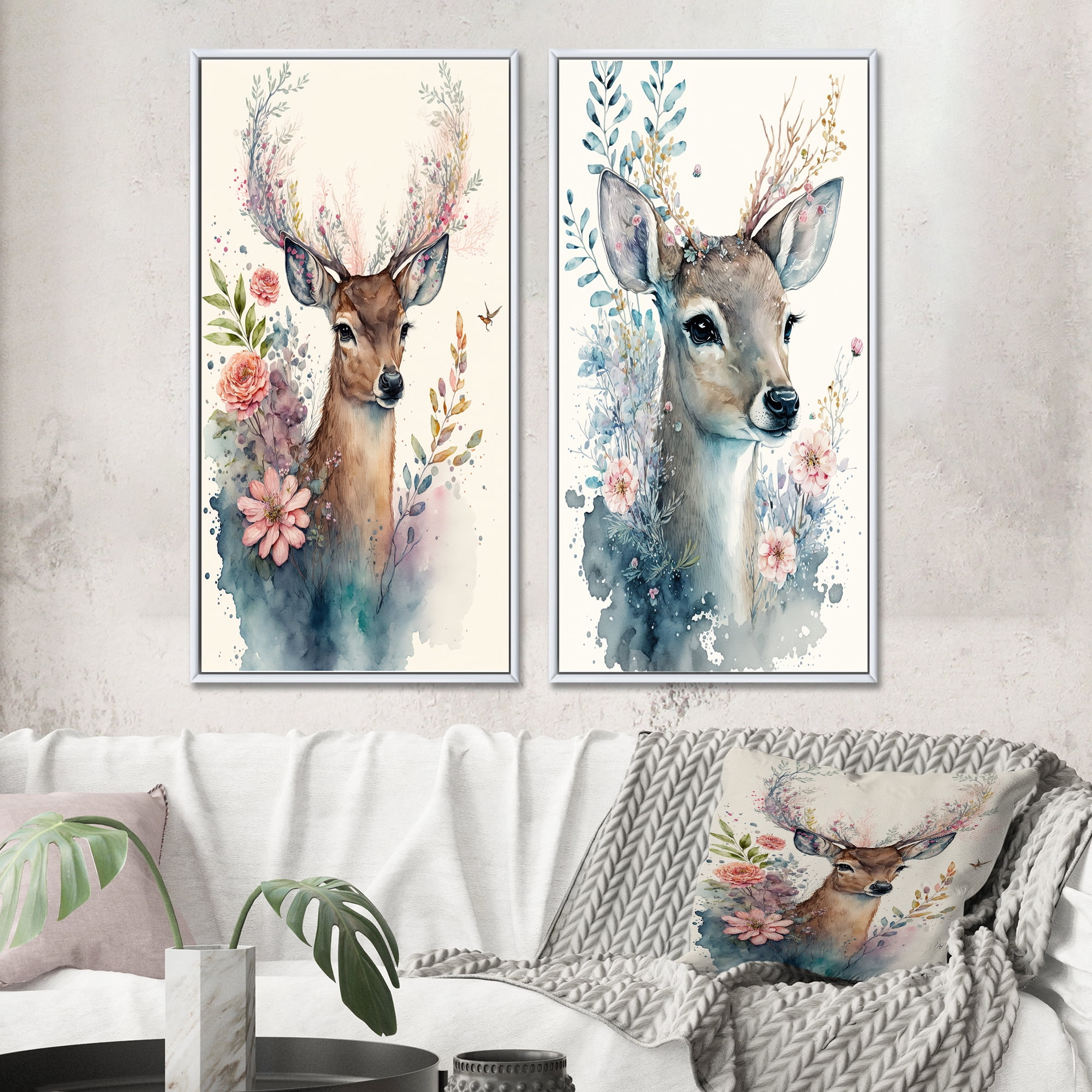 Designart "Cute Little Deer Adorned with Pink Flowers" Animal Landscape ...