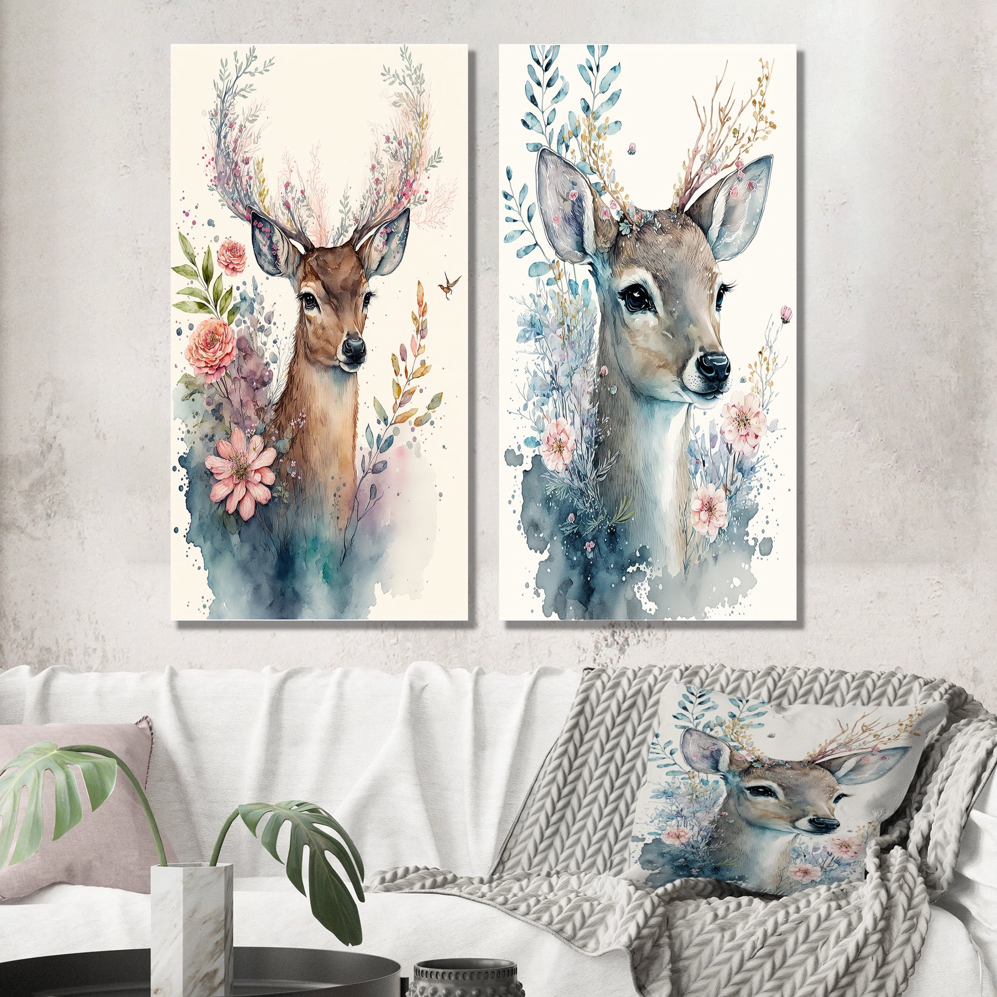 Designart "Cute Little Deer Adorned with Pink Flowers" Animal Landscape ...