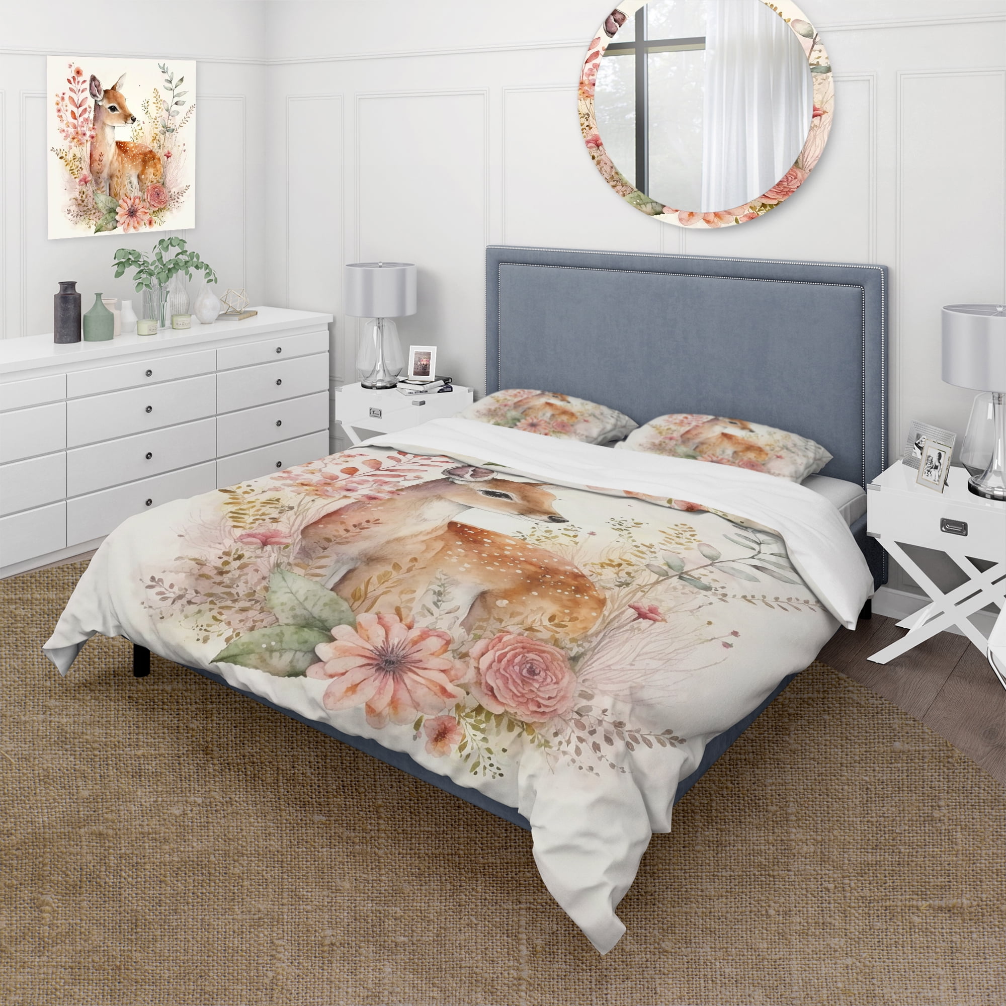 Designart "Cute Little Deer Adorned with Pink Flowers I" Animal ...