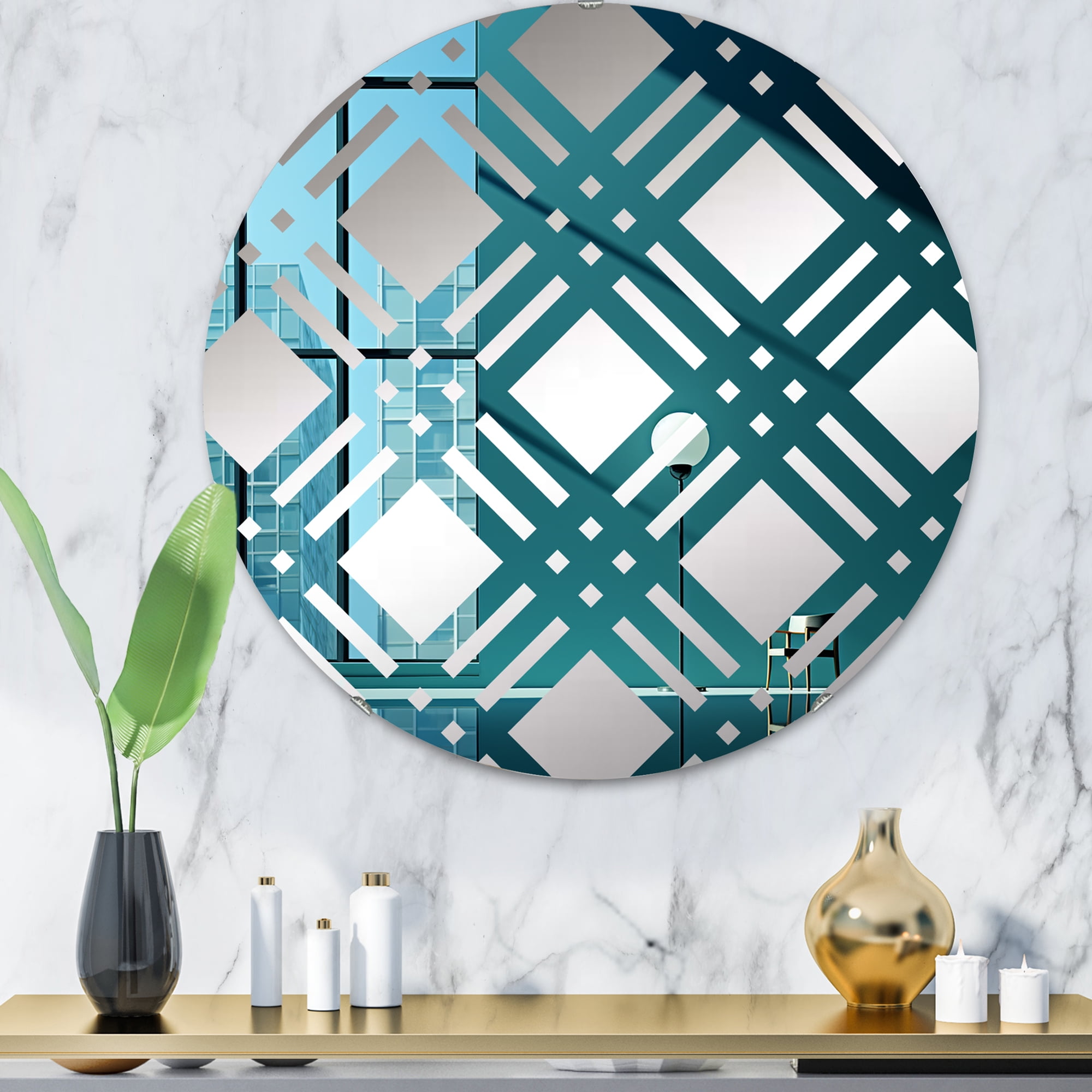 Designart "Cyan Stronghold Urban Imagery" Skyscrapers Plaid Round Wall ...