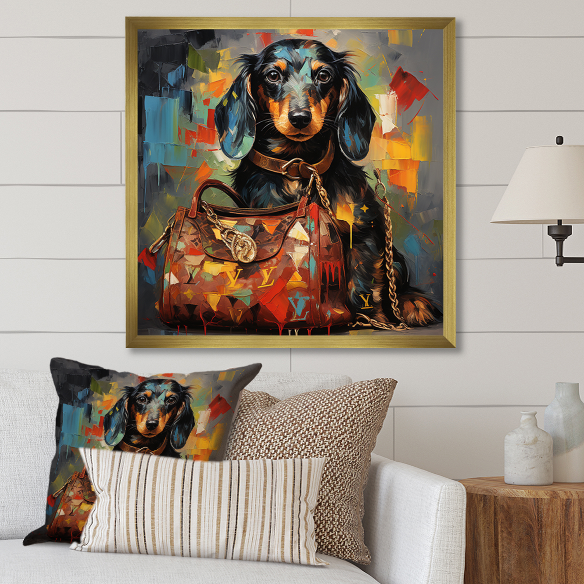 Designart "Dachshund Dog Portrait with LV Bag" Animals Framed Wall Art ...