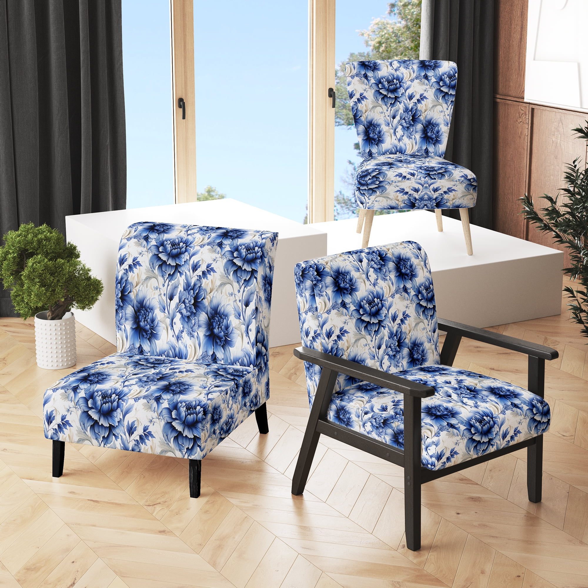 Designart "Dahlia Elegance In Neutrals II" Blue Floral Upholstered ...