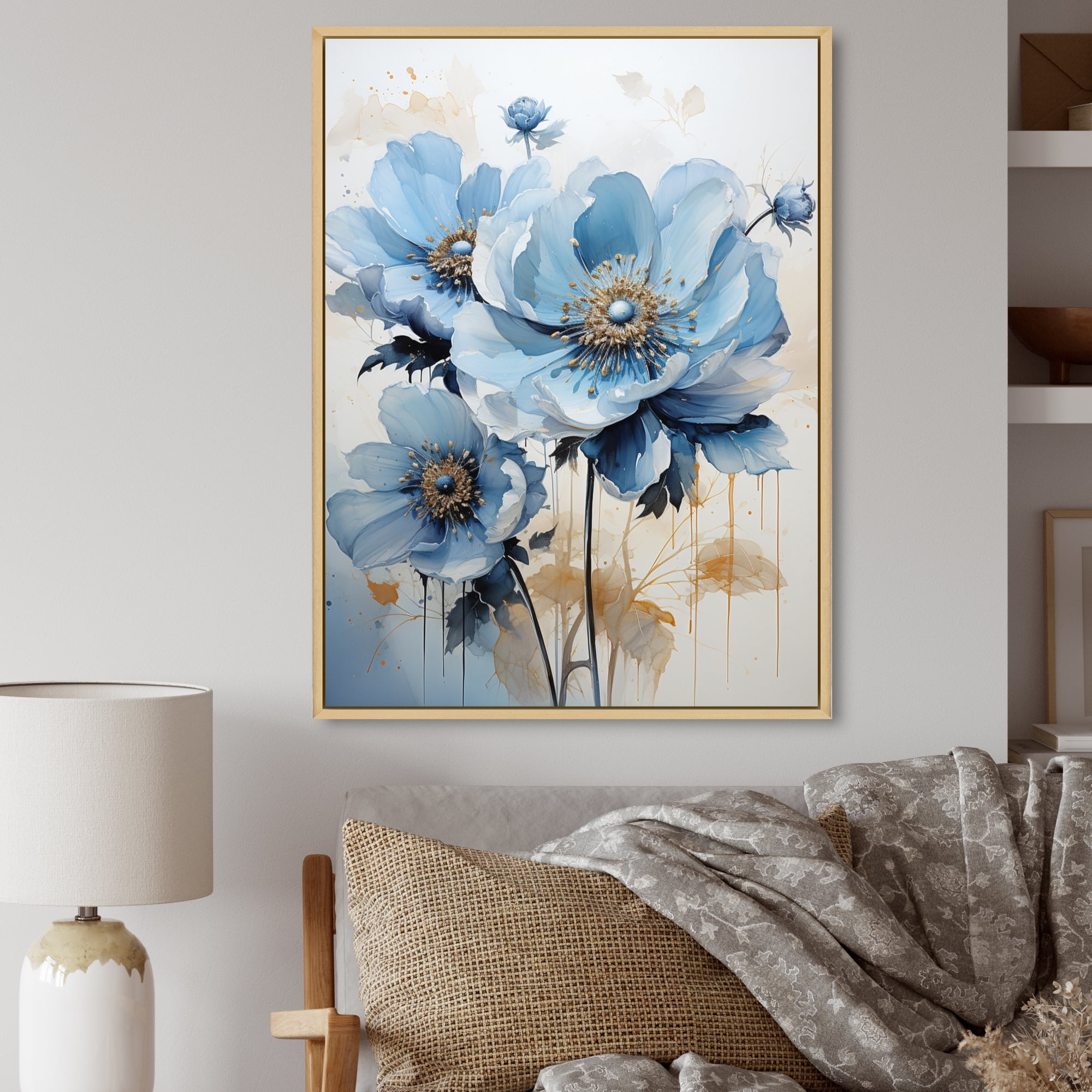 Designart "Daisy Flower Blue Minimalism wall decor II" Floral Floater ...