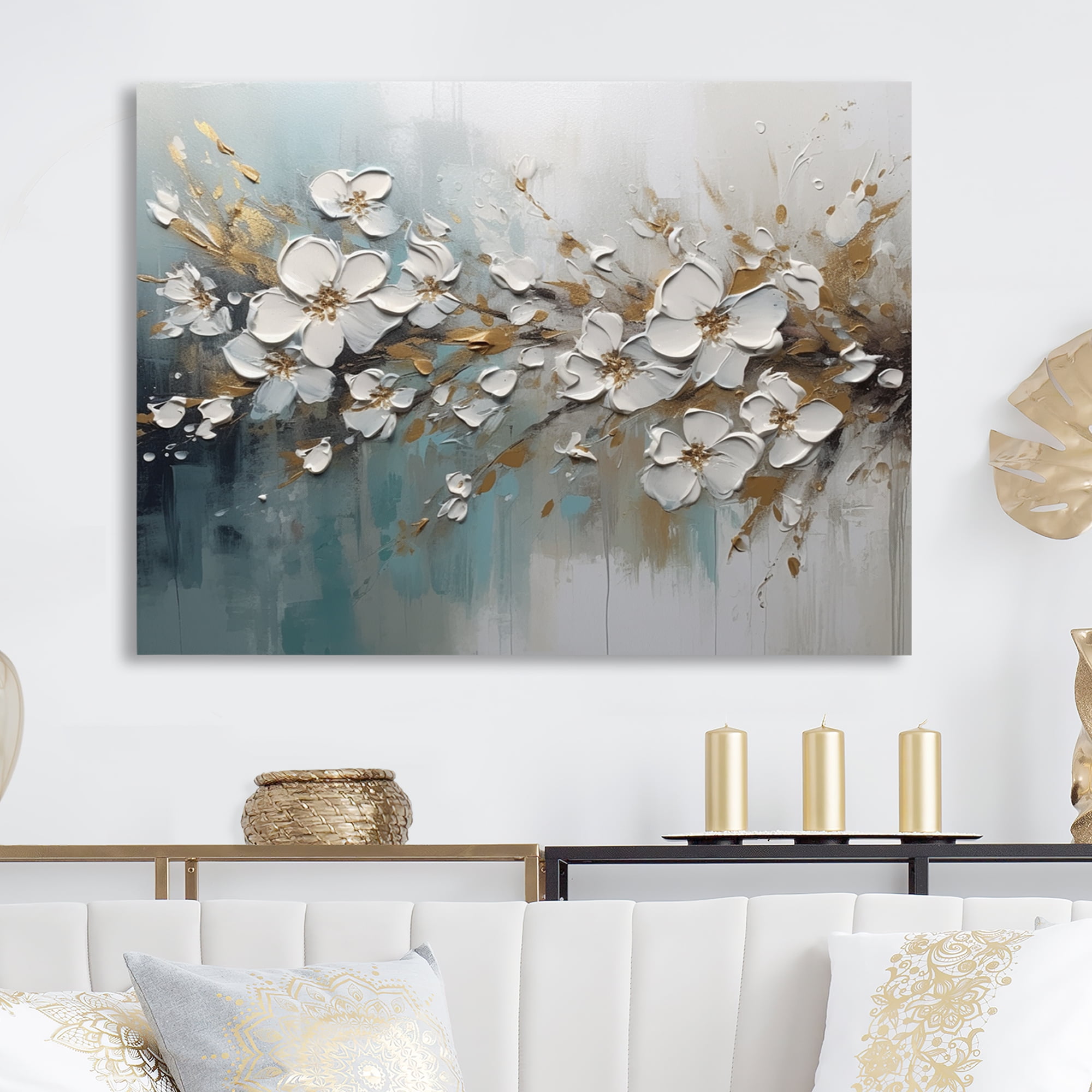 Designart "Daisy Symphony White and Gold IV" Floral Daisy Metal Wall ...