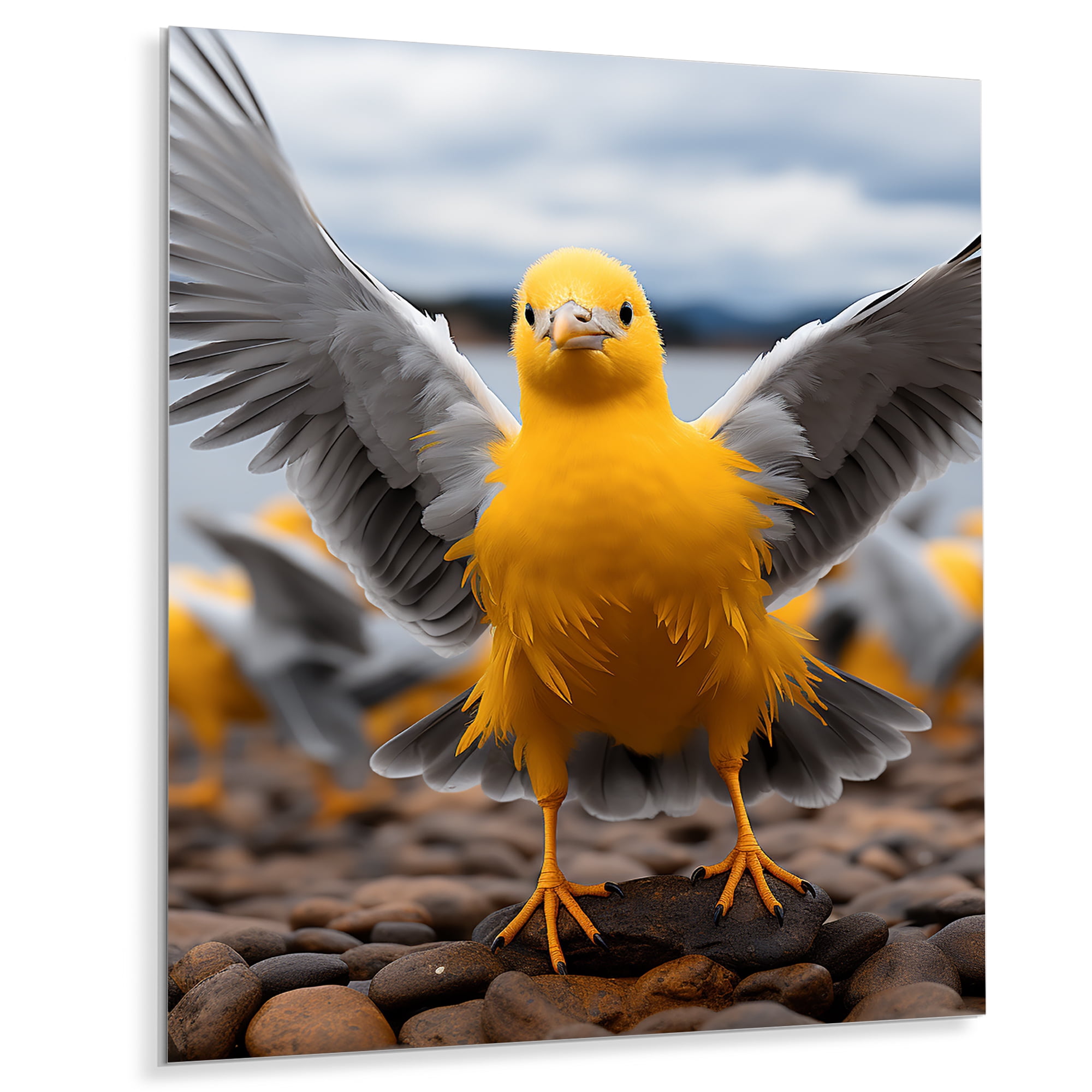 Designart "Dancing Seagulls Grey and Yellow" Animals Metal Art Print ...