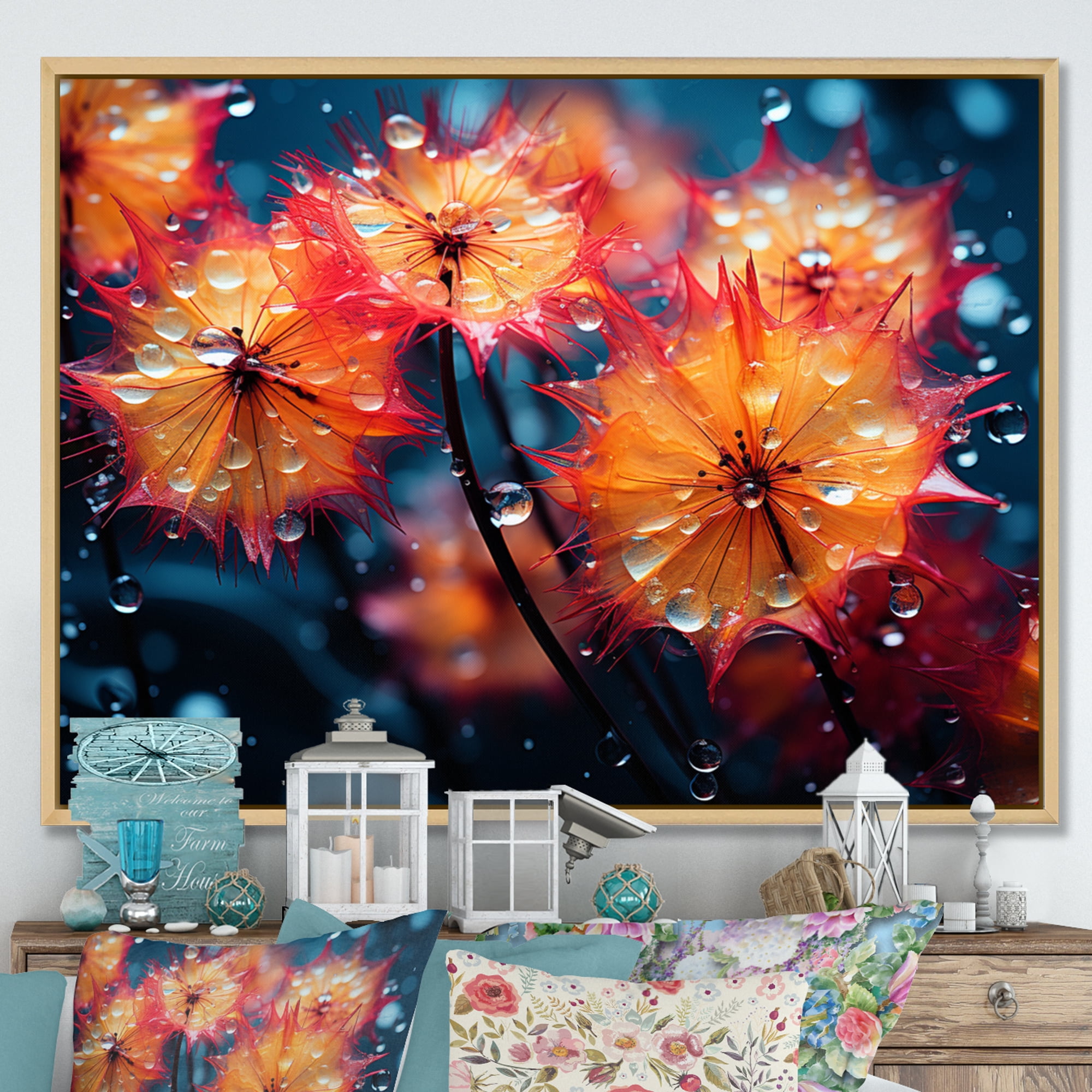 Designart "Dandelion Coral Dance in the Morning" Floral Floater Framed ...