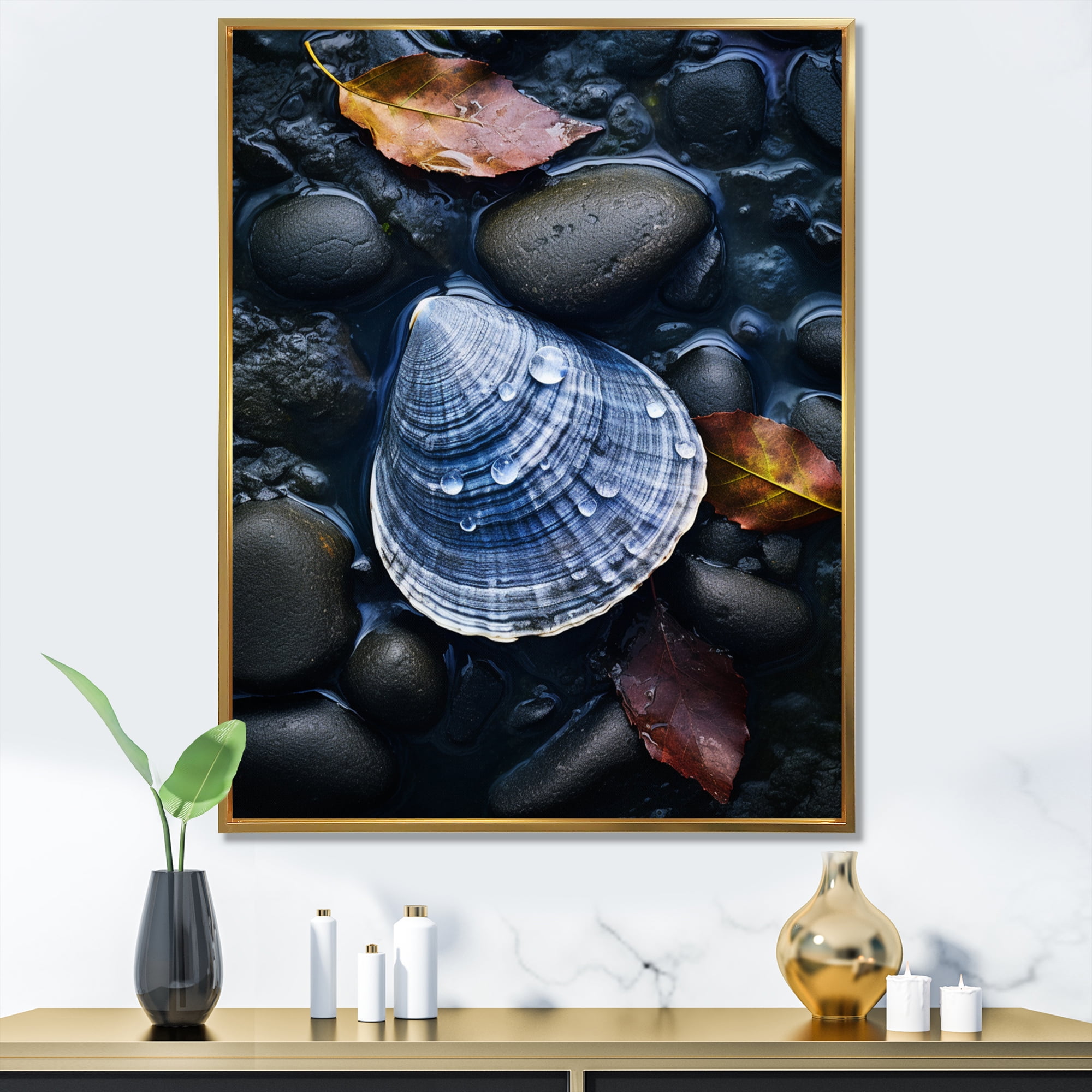 Designart "Dappled Depths Grey Clam painting" Animals Floater Framed ...
