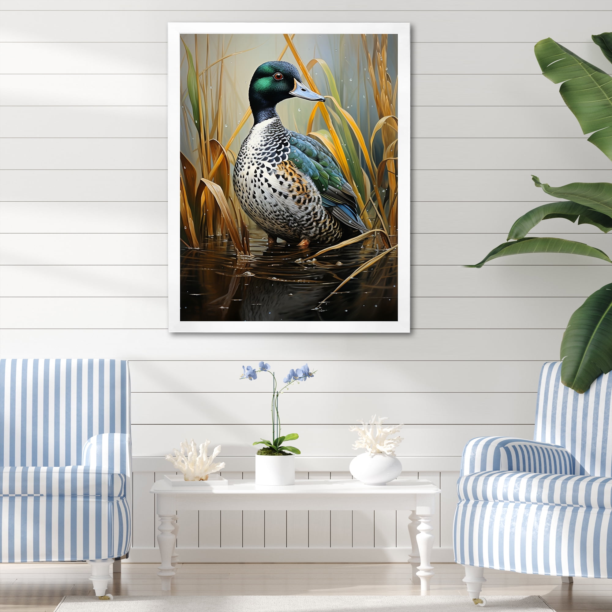 Designart "Dappled Drake at the Pond I" Animals Framed Wall Art ...