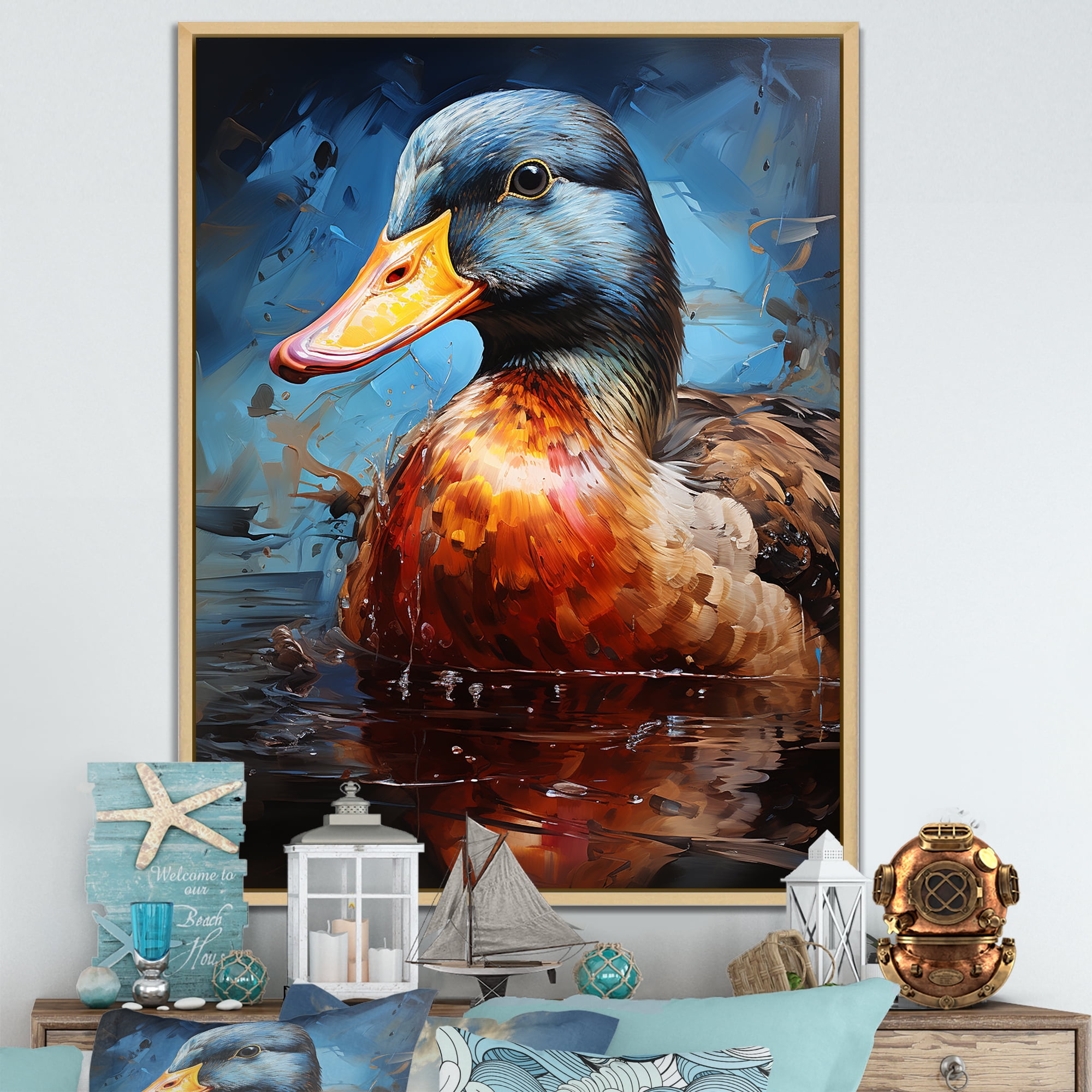Designart "Dappled Drake at the Pond III" Animals Framed Wall Art ...