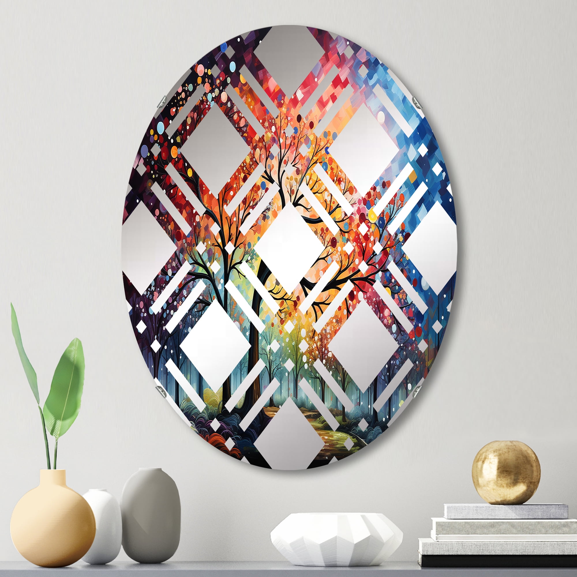 Designart "Dawn Graffiti on Oak" Tree Oak Plaid Round Wall Mirror ...