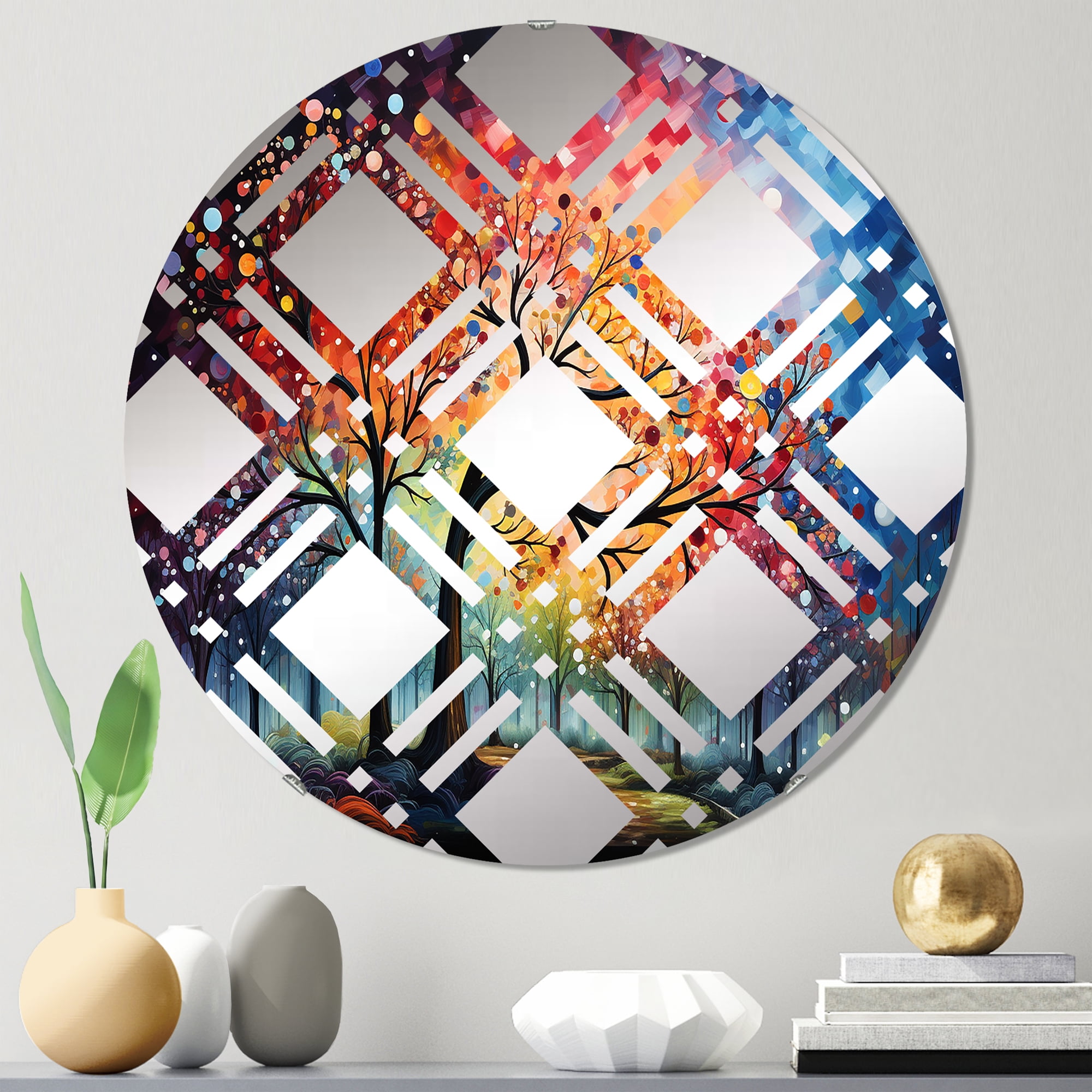 Designart "Dawn Graffiti on Oak" Tree Oak Plaid Round Wall Mirror ...