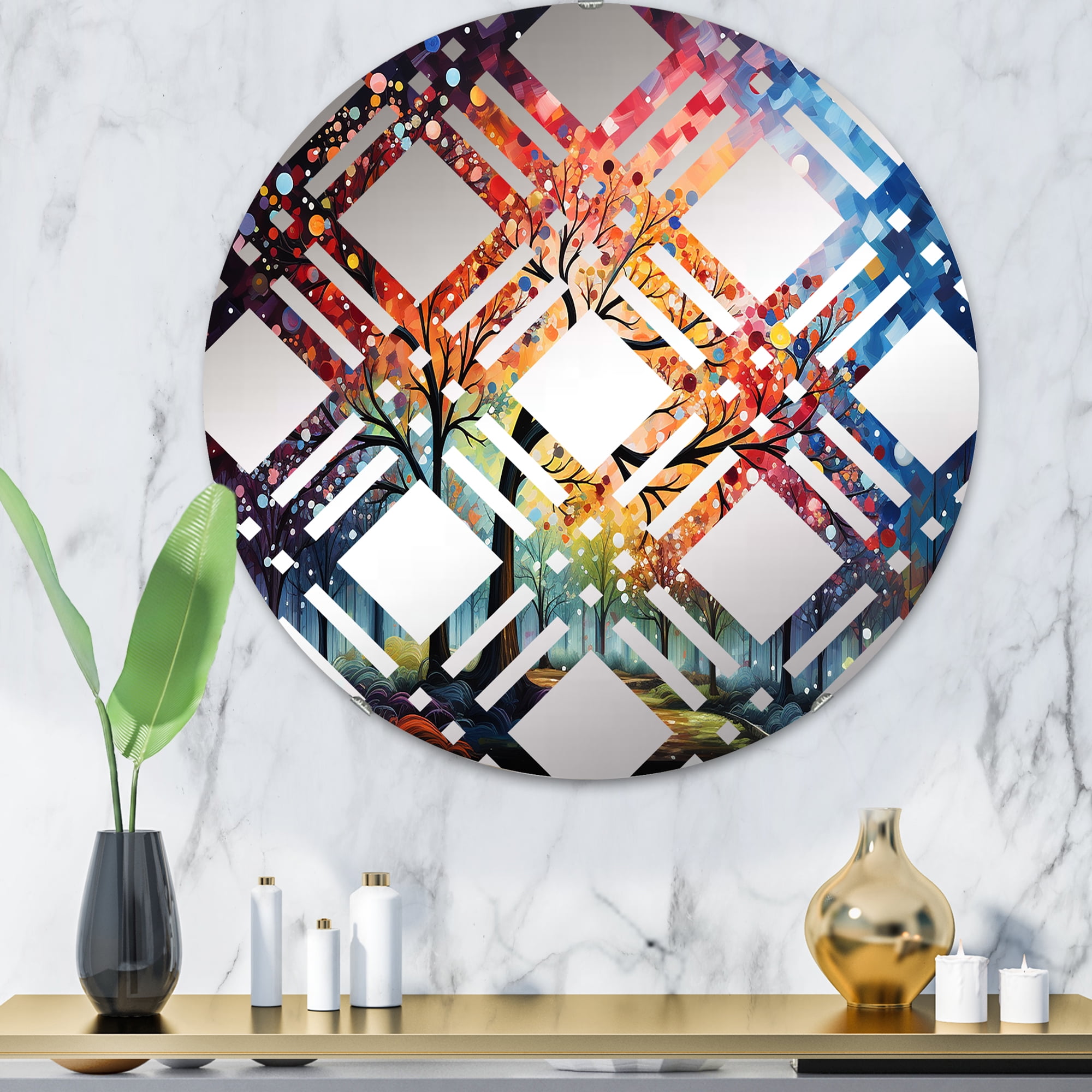 Designart "Dawn Graffiti on Oak" Tree Oak Plaid Round Wall Mirror ...