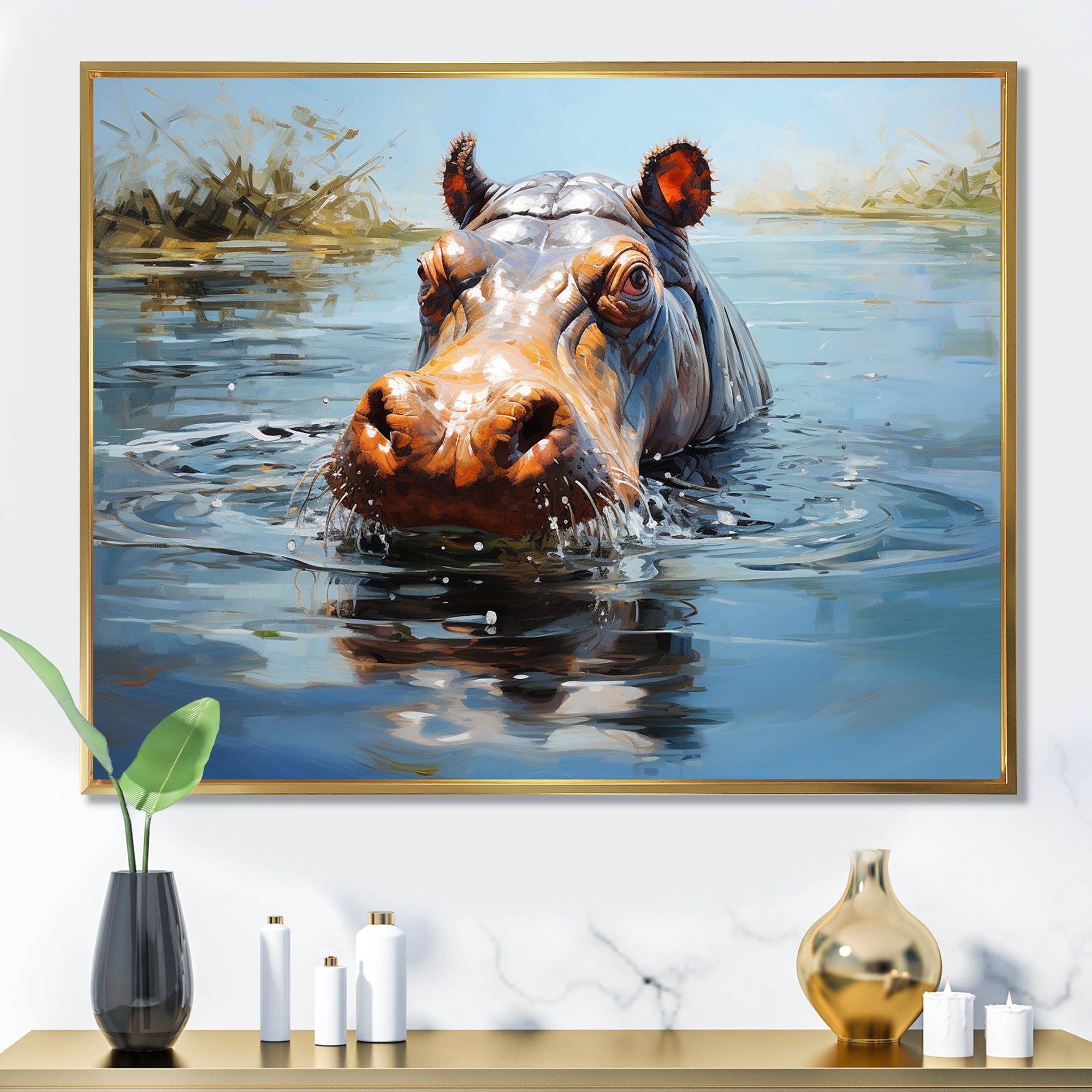 Designart "Daydreams on the Riverbank Grey Hippos I" Animals Framed ...