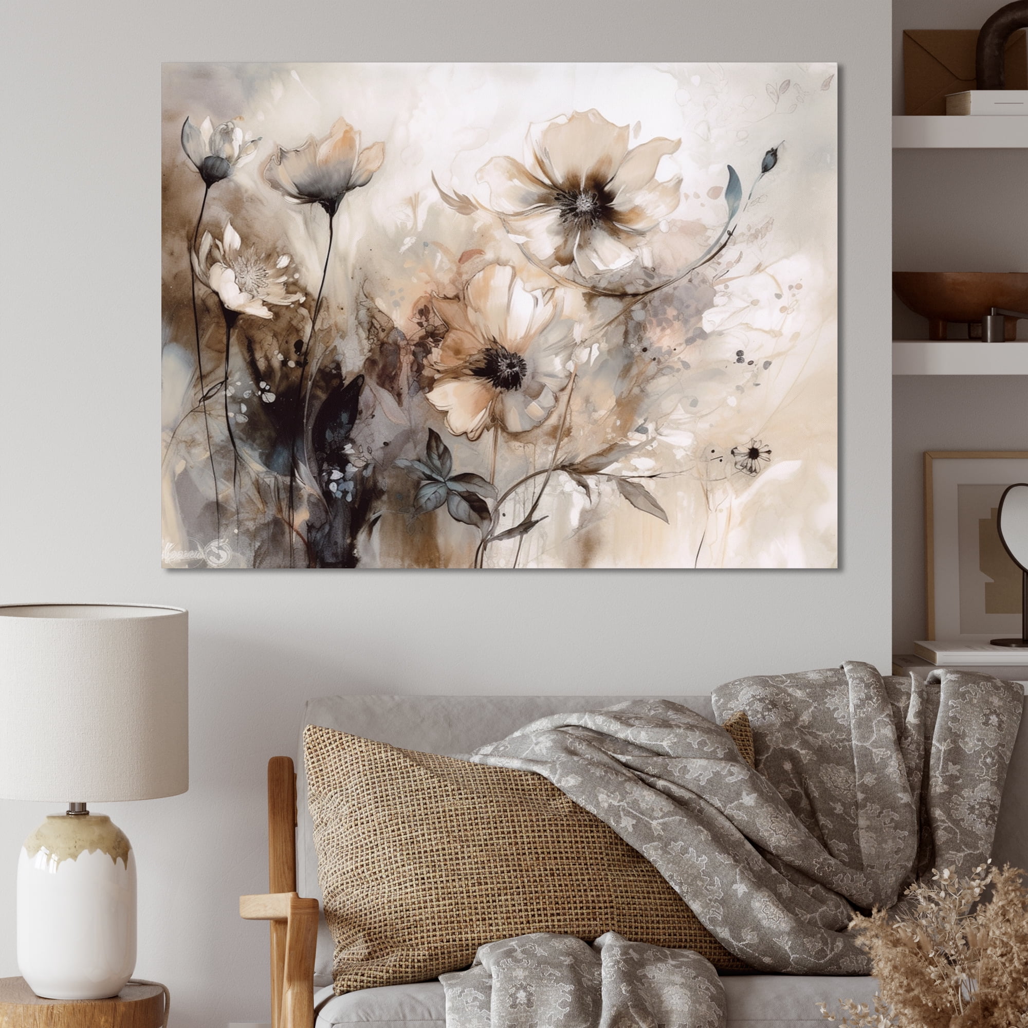 Designart "Delicate Warm Floral Impressions" Floral Canvas Art Print ...