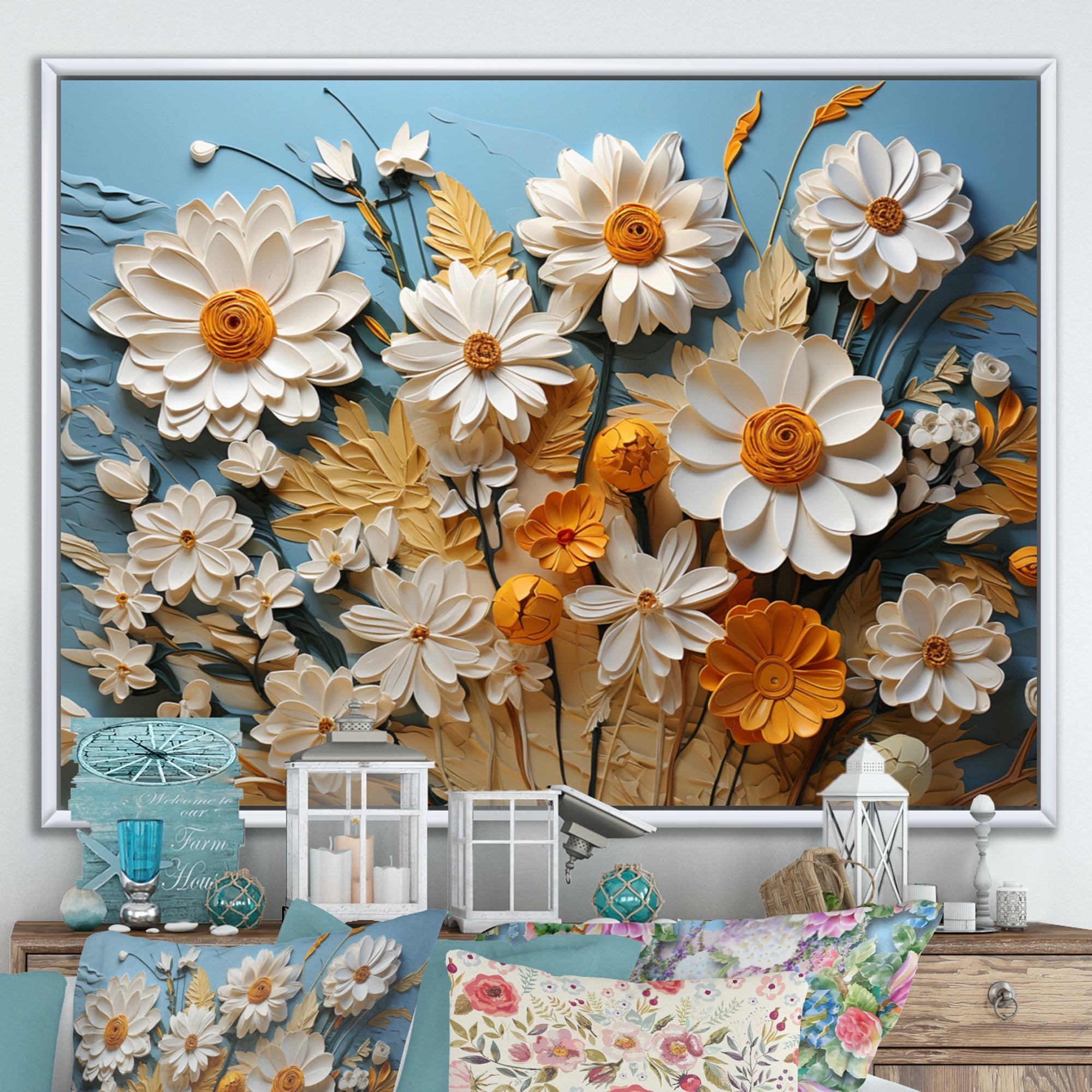 Designart "Delightful Daisies I" Floral Floater Framed Canvas Wall Art ...