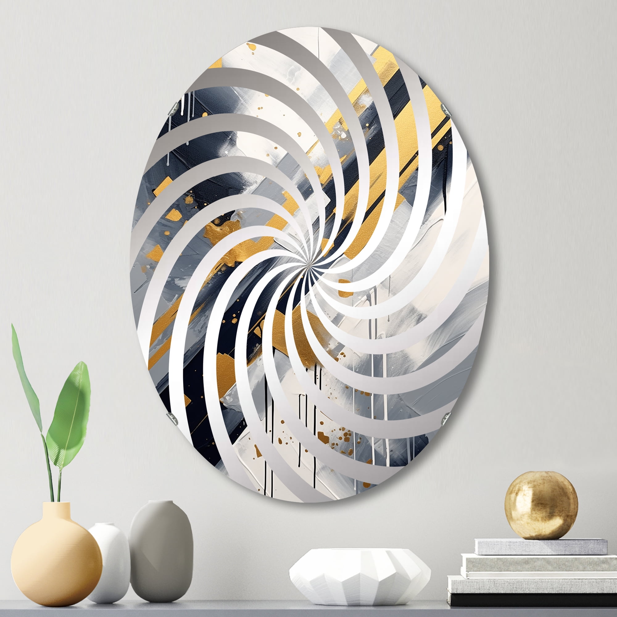 Designart "Depth Corner in Black and Gold VII" Abstract Shapes Vortex Round Wall Mirror ...