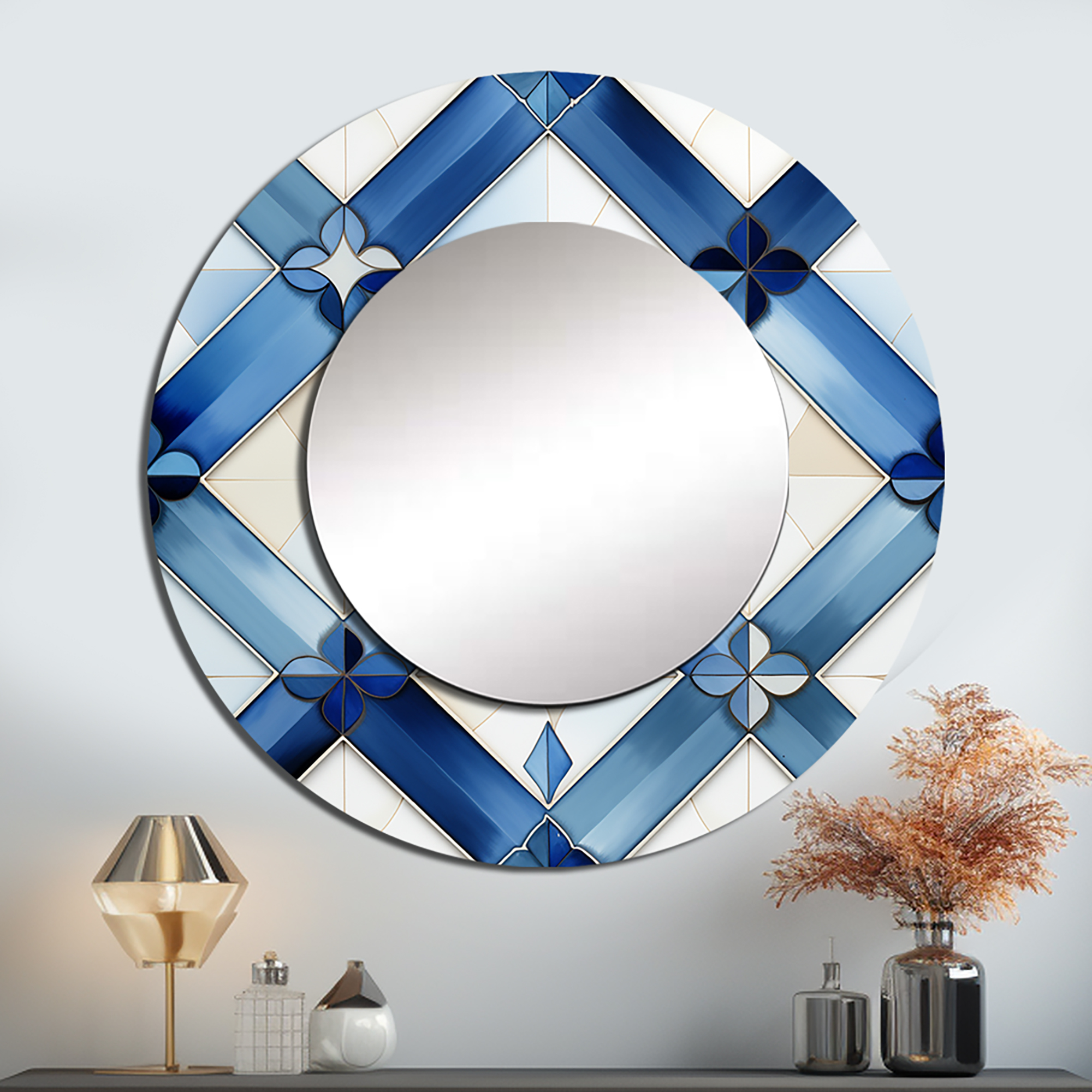 Designart "Diamond Elegance In Blue And White Tiles" Geometric Rund ...