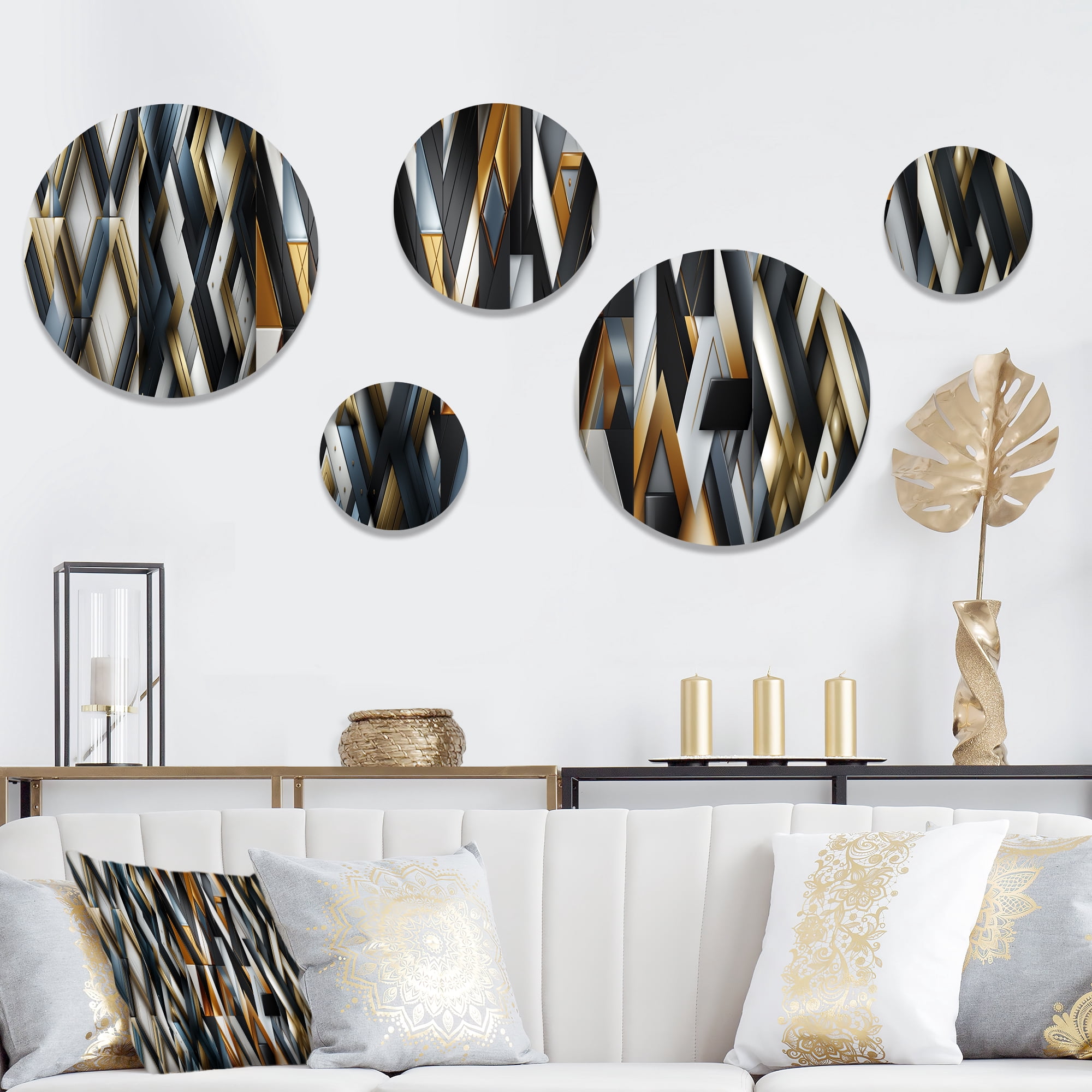 Designart "Dimensional Grey And Gold Marble Mosaic" Geometric Round ...