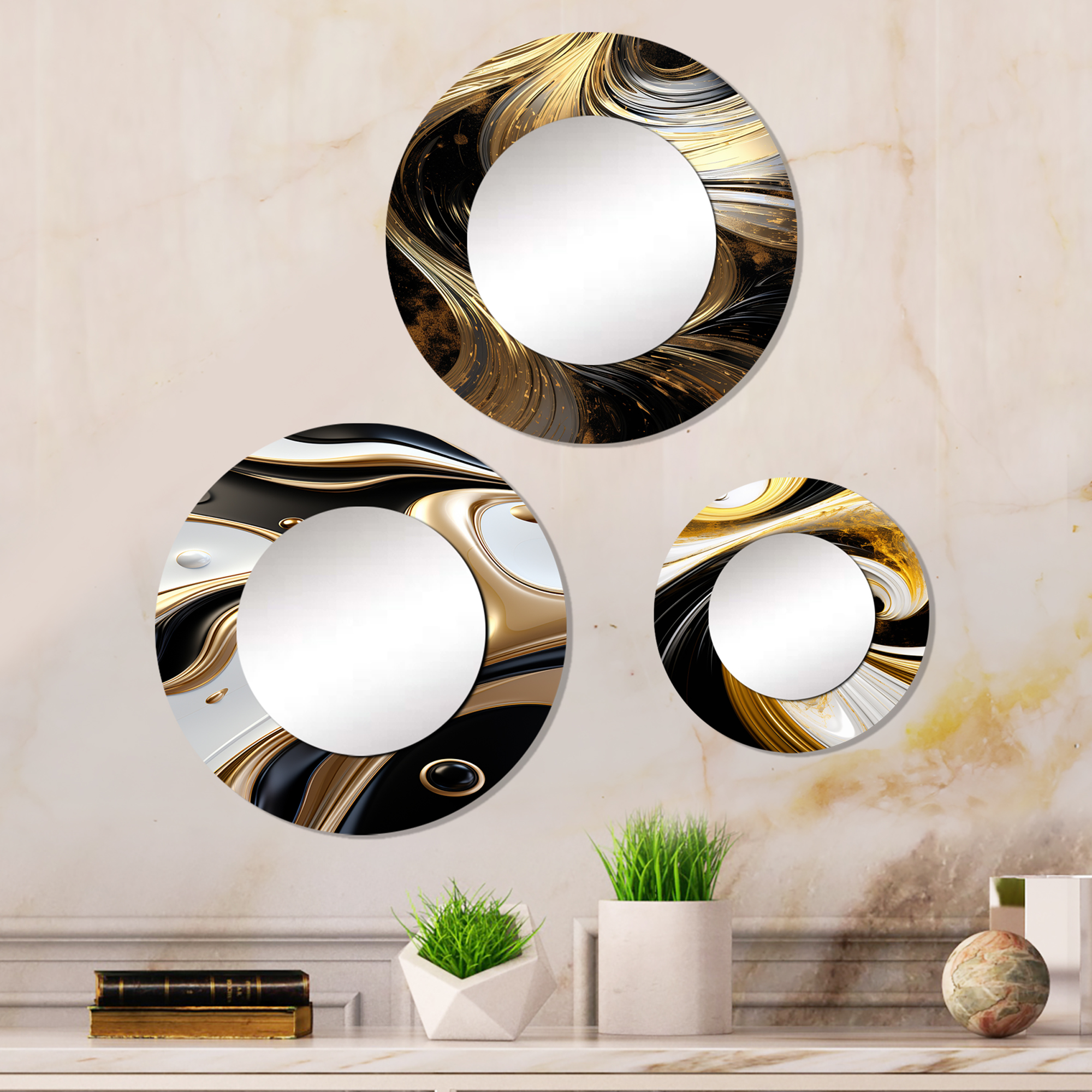 Designart "Dimensional Wave in Liquid Gold, Black, and White" Abstract ...