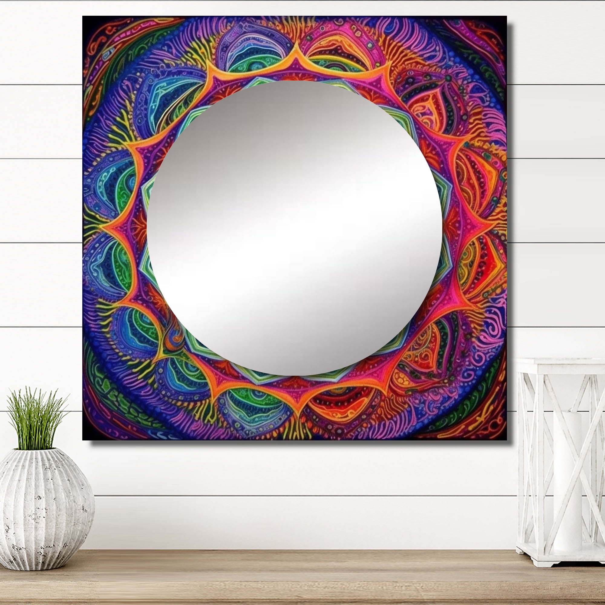 Designart "Divine Mandala" Boho Mandala Pink Large Square Mirror ...