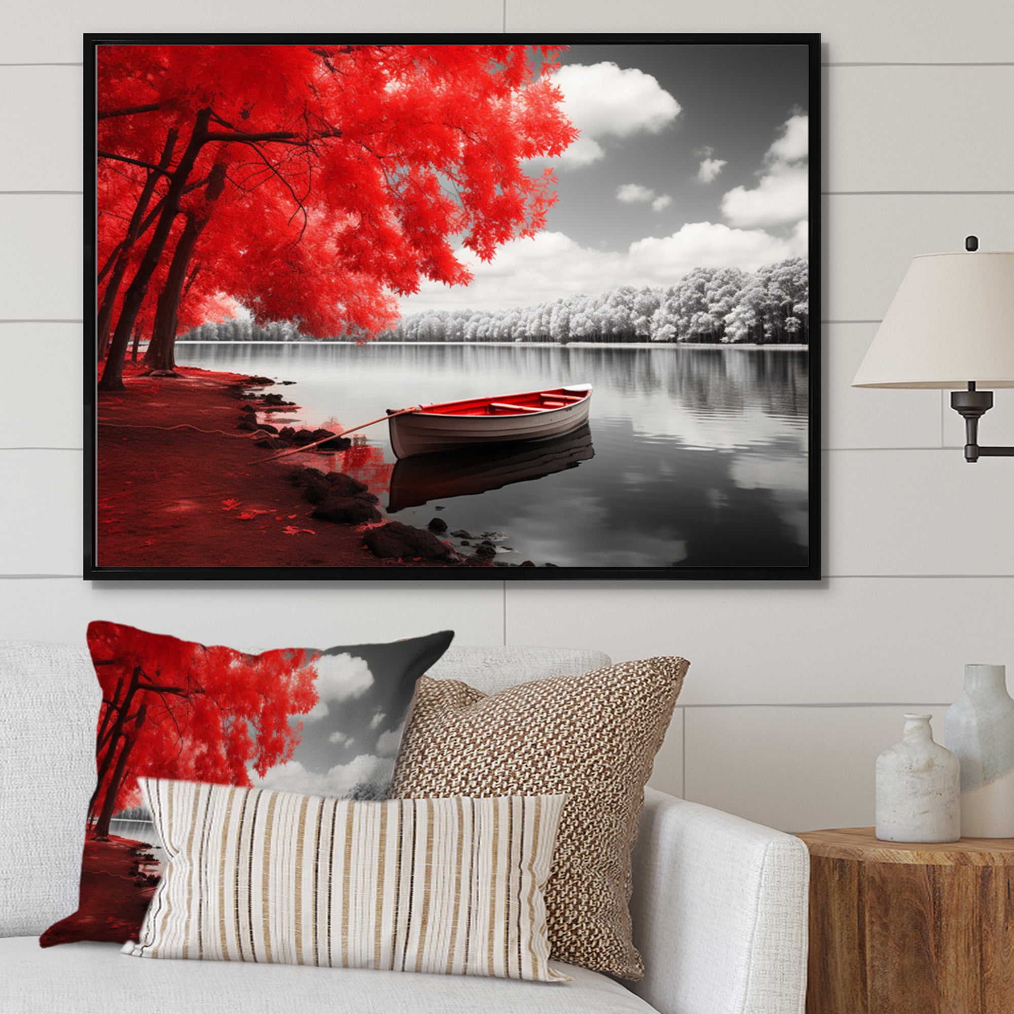 Designart "Dockside Serenity Red Lake wall decor" Lake House Cottage ...