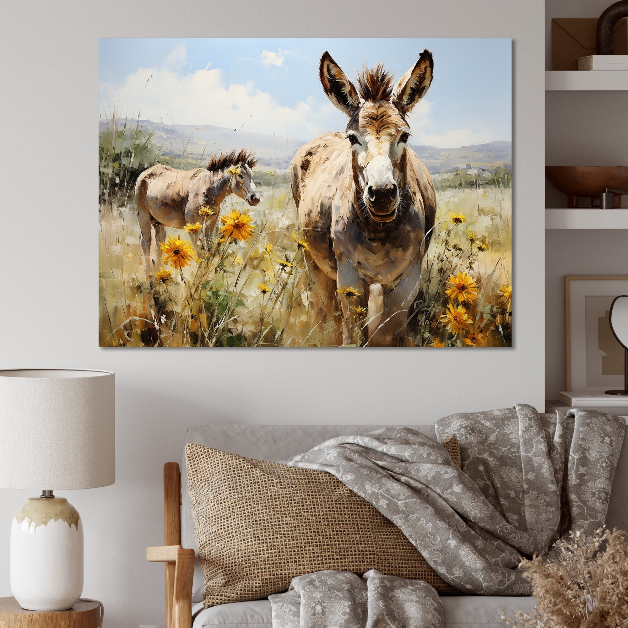 Designart "Donkey Meadow Landscape with Flowers I" Animals Wall Art ...