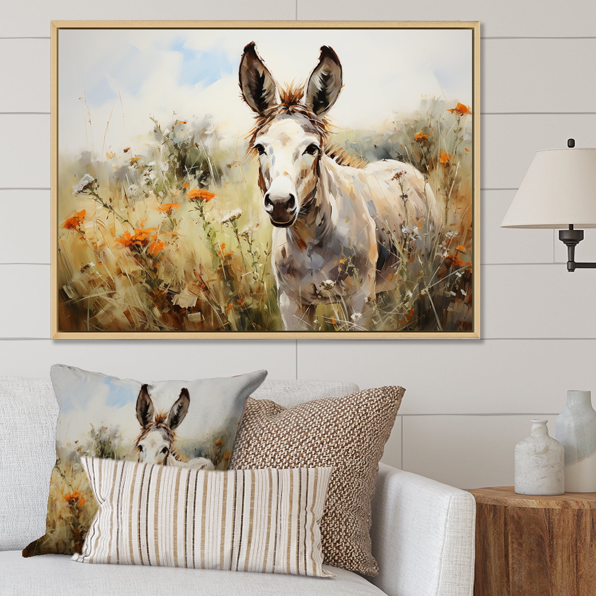 Designart "Donkey Meadow Landscape with Flowers II" Animals Framed Wall ...