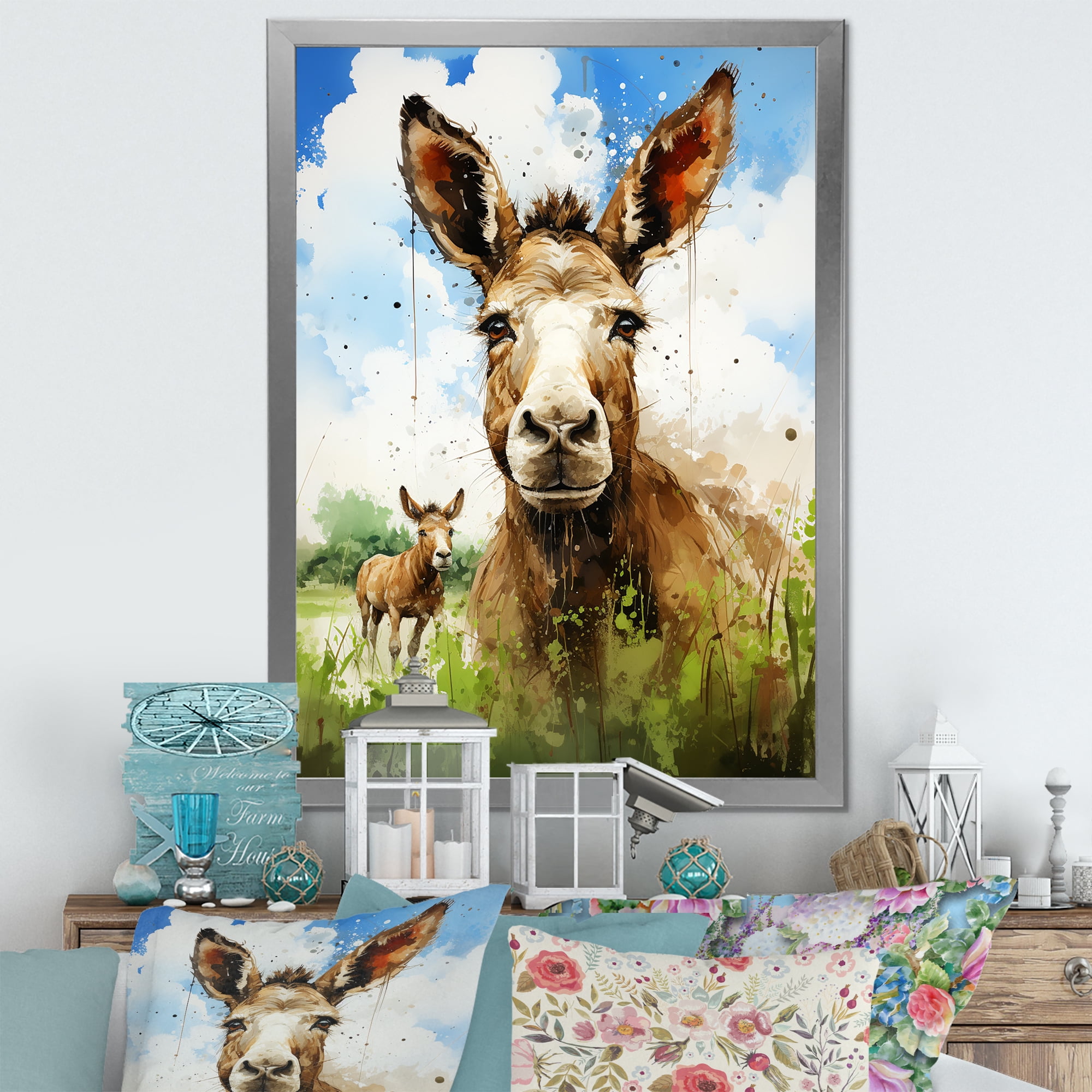 Designart "Donkey Portrait with Country Charm III" Animals Framed Wall ...