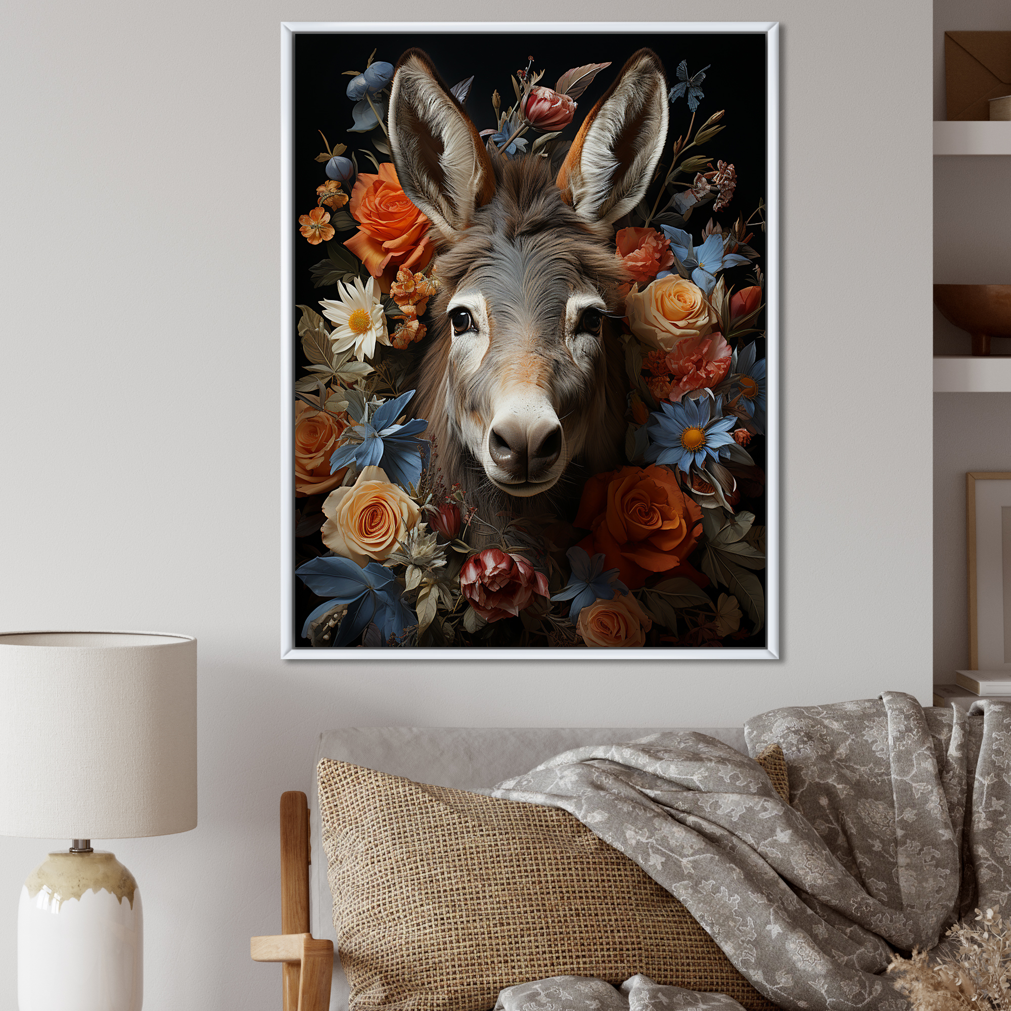 Designart "Donkey with Colorful Flowers" Animals Framed Wall Art ...