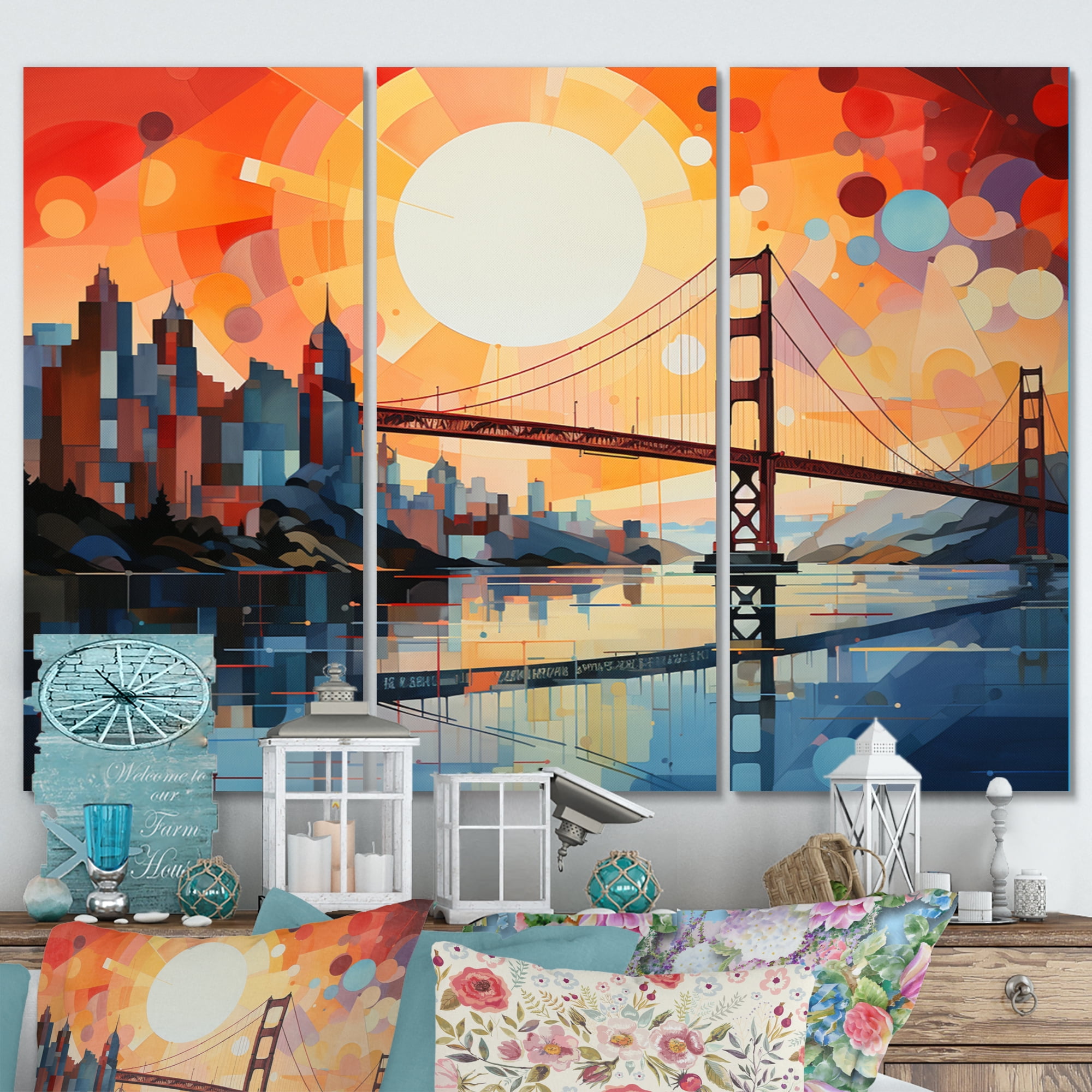 Designart "Dotted Orange Bridge I" Bridges Metal Wall Decor Set ...