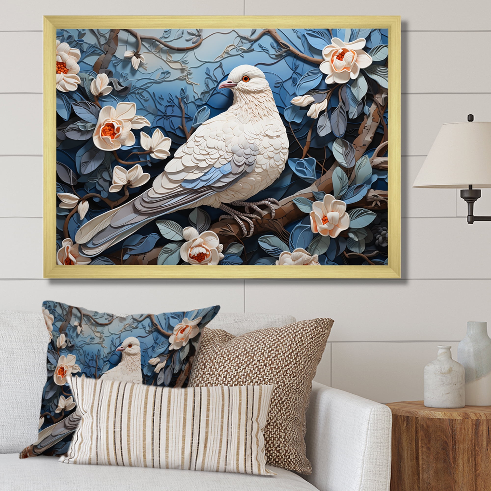Designart "Dove Bird in Blue and White I" Animals Framed Wall Art Decor ...