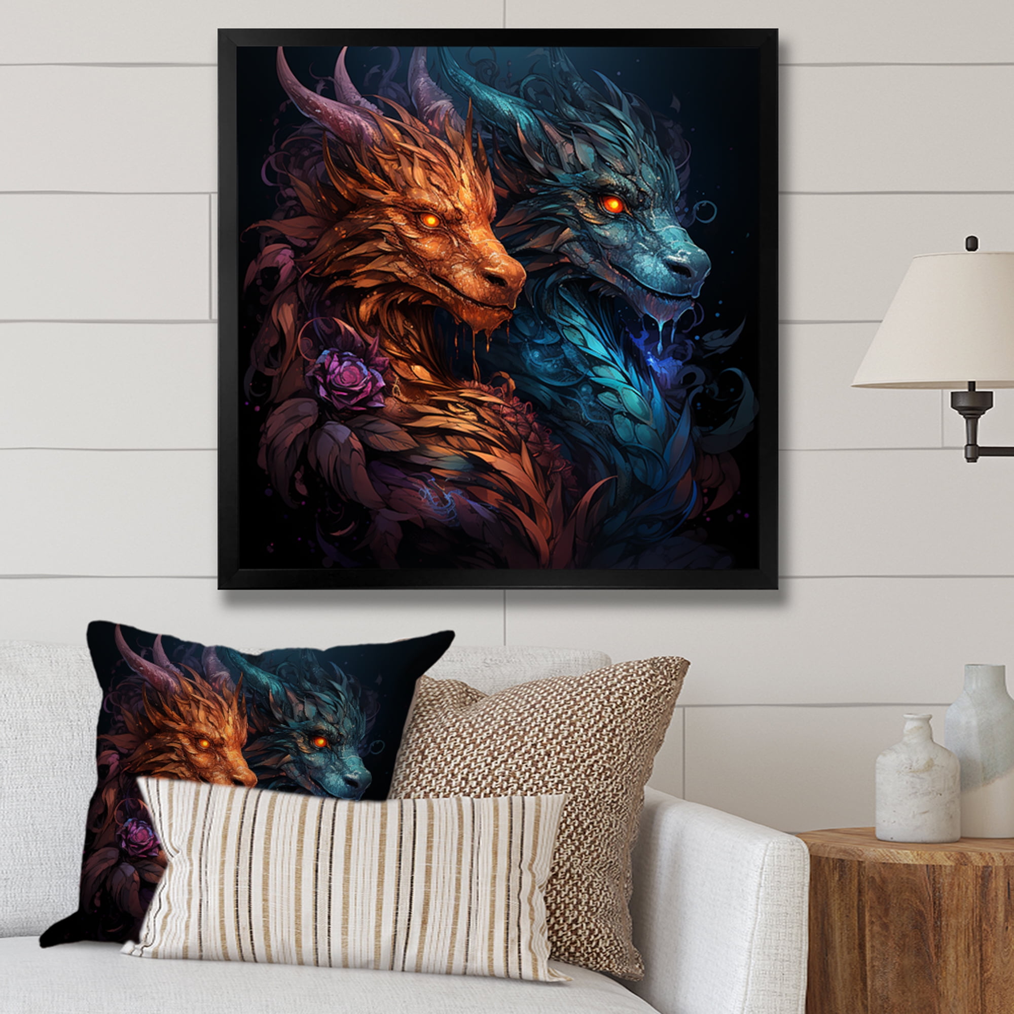 Designart "Dragon's Lair with Fire Breathing I" Abstract Framed Wall ...