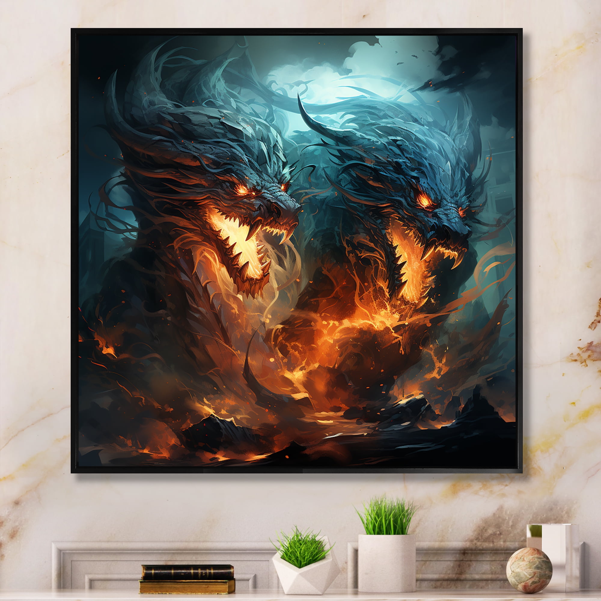 Designart "Dragon's Lair with Fire Breathing II" Abstract Framed Wall ...