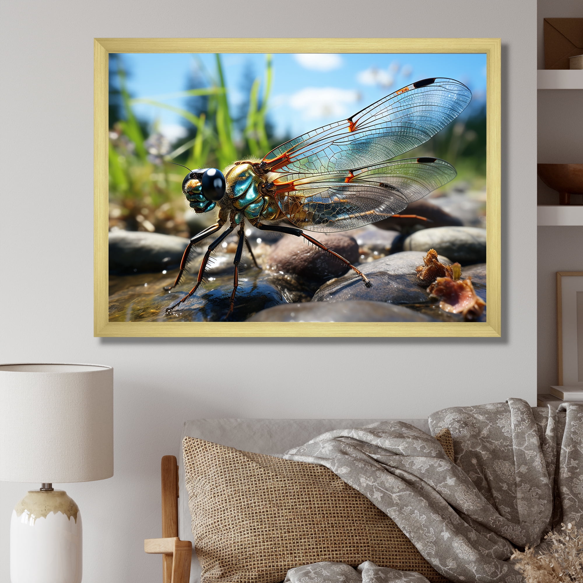 Designart "Dragonfly Dance in Blue Hues II" Animals Framed Wall Art ...