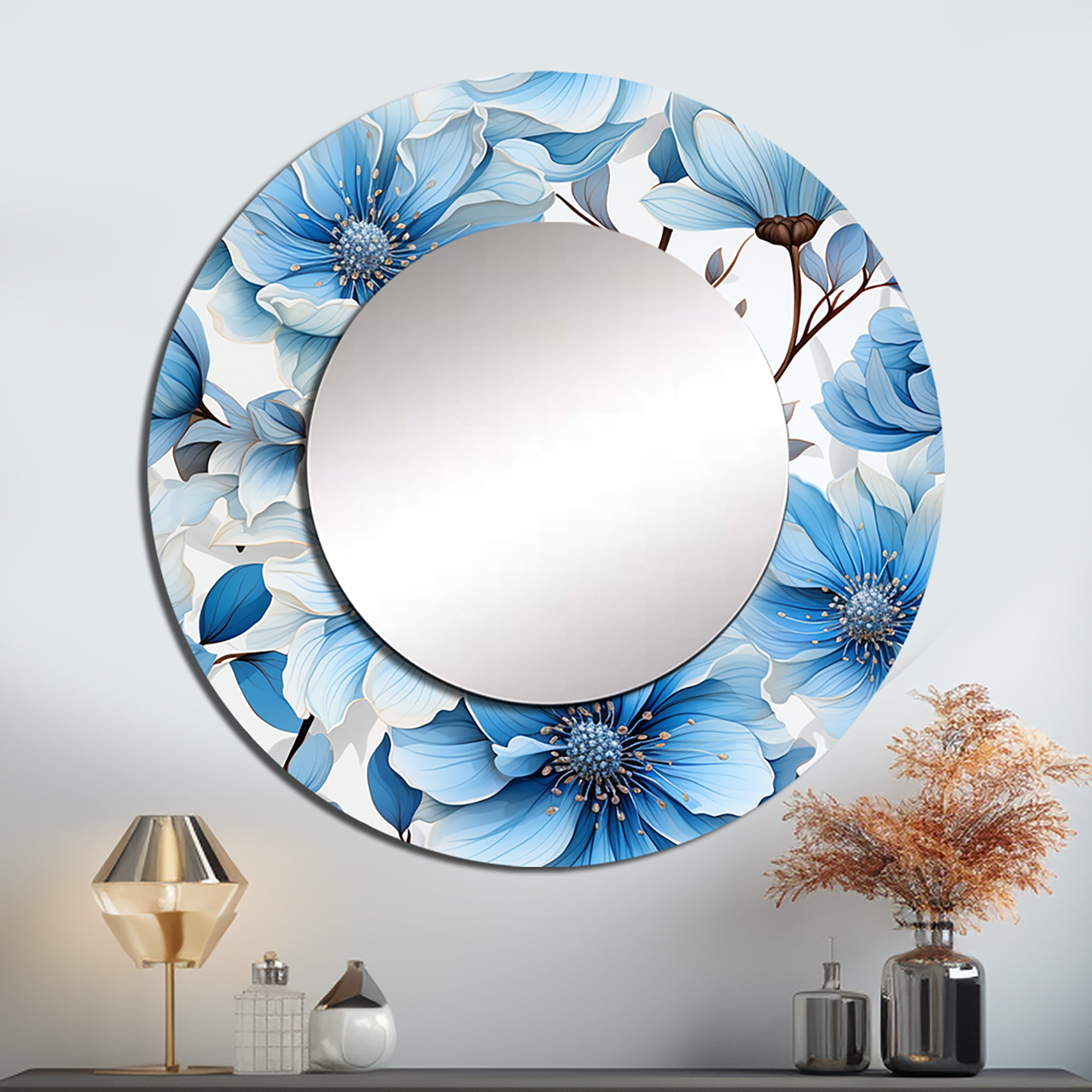 Designart "Dreamlike Blue White Floral Fantasy II" Floral Rund Mirror ...