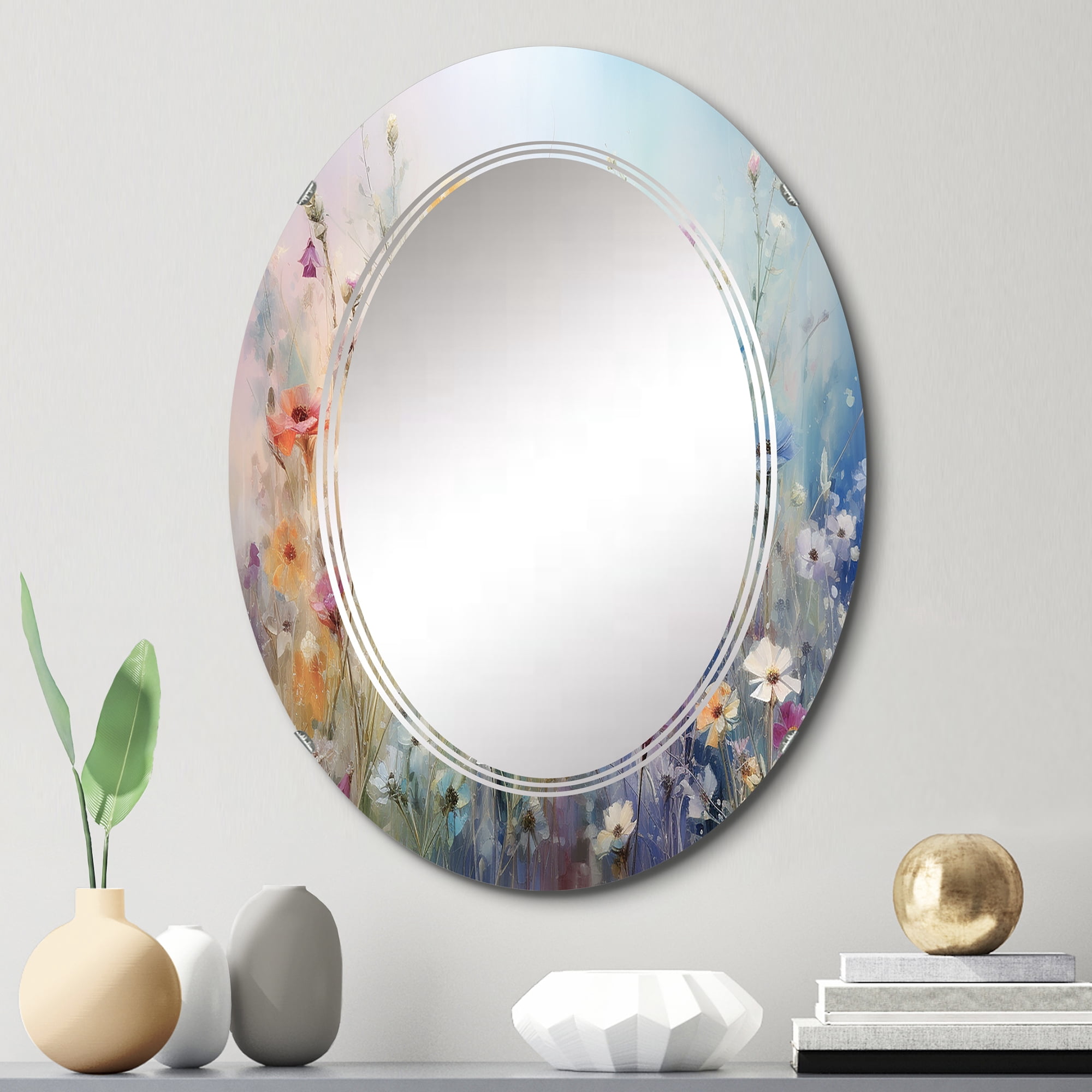 Designart "Dreams Blossoming in Wildflowers" Floral Round Wall Mirror ...