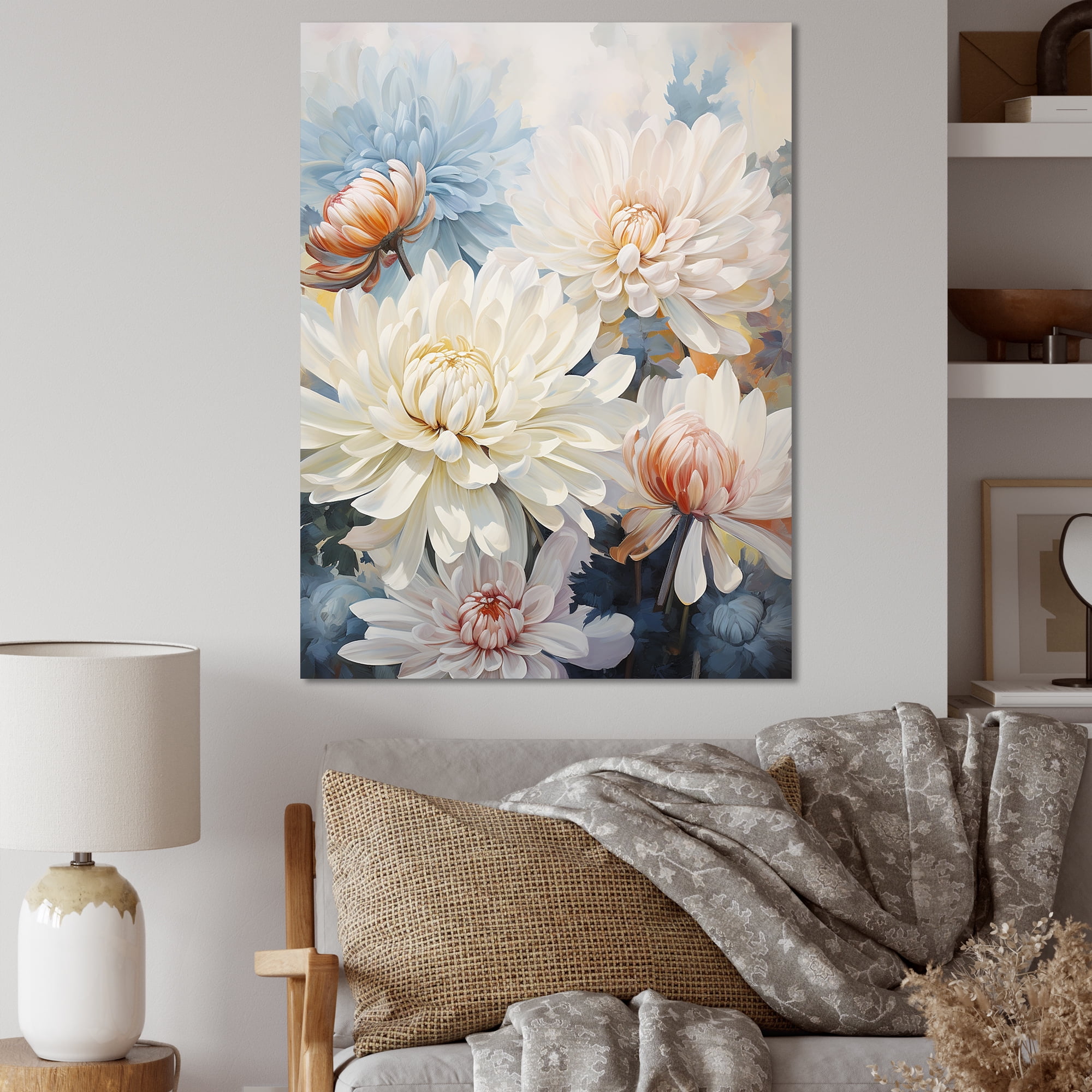 Designart "Dreamy Blue Background With White Mums" Mums Canvas Wall Art ...