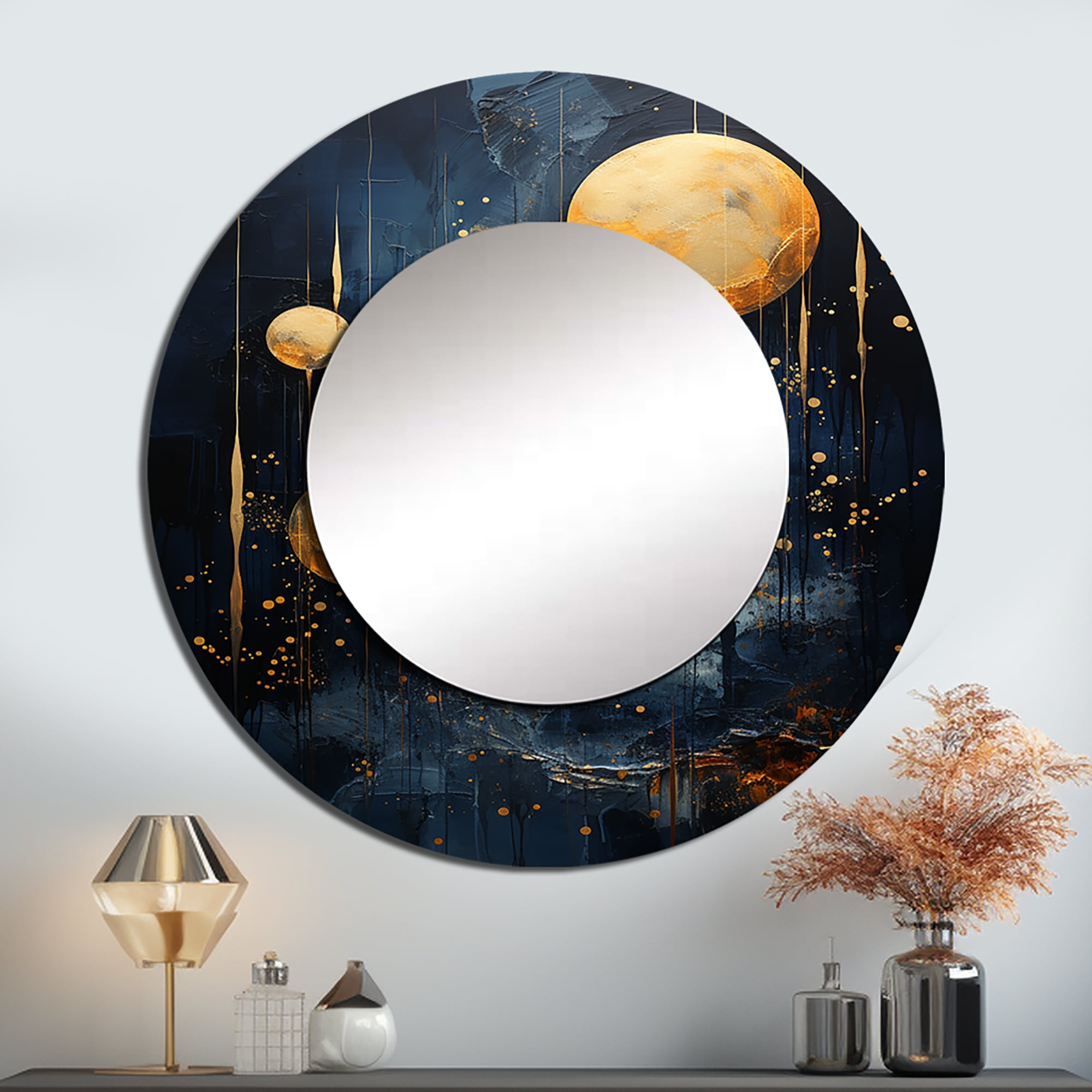 Designart "Dreamy Cerulean Crescent Moon In Blue And Gold" Moon Rund ...
