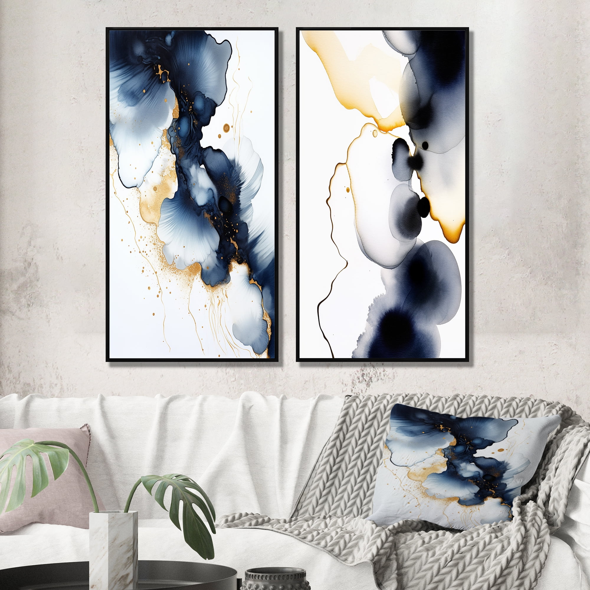 Designart "Dreamy Childhood Liquid Blue Ink and Gold Abstract III ...