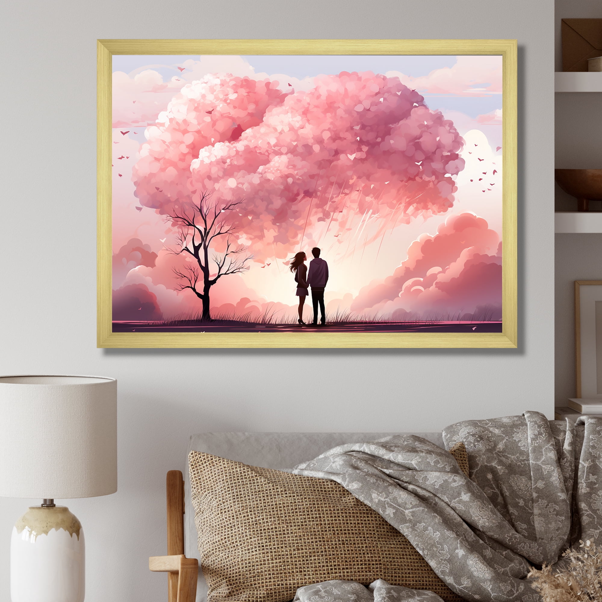 Designart "Dreamy Love of Romantic Couple in Pink" Landscapes Framed ...