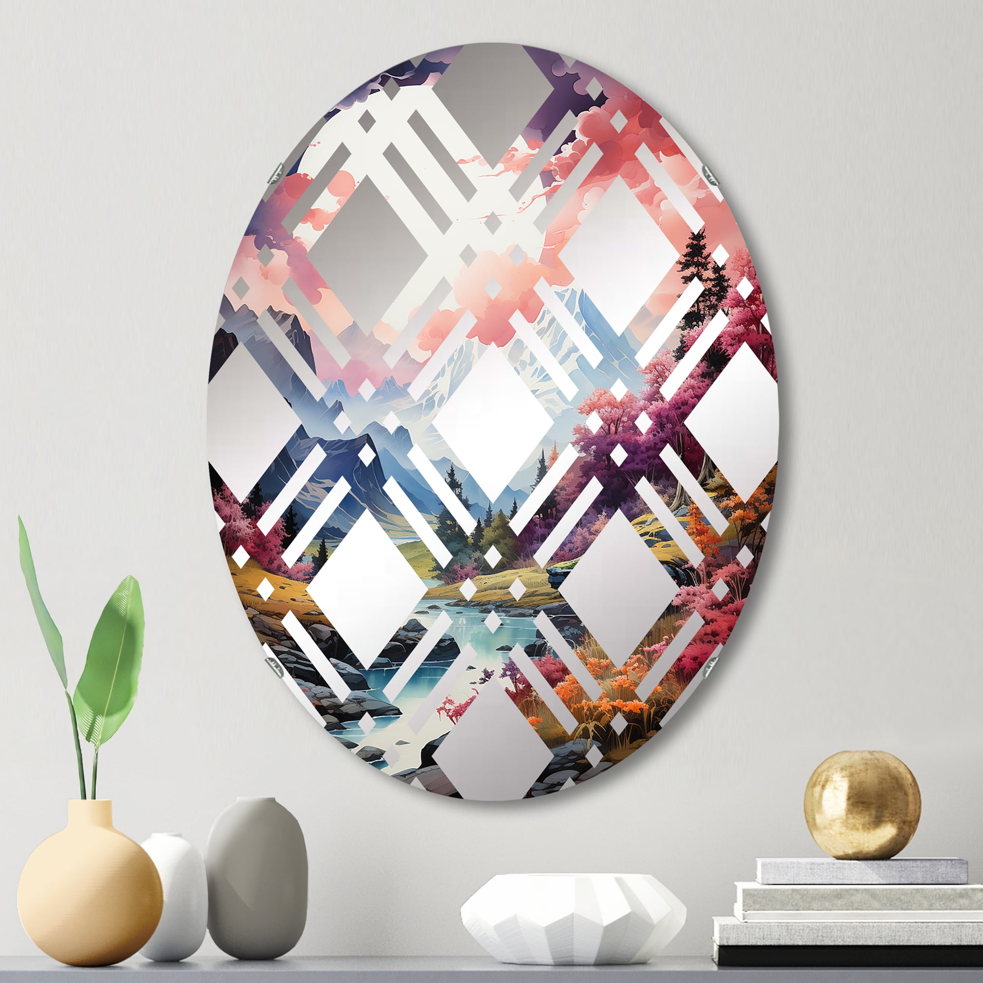 Designart "Dreamy Mountain Fantasy" Landscape Mountains Plaid Round ...