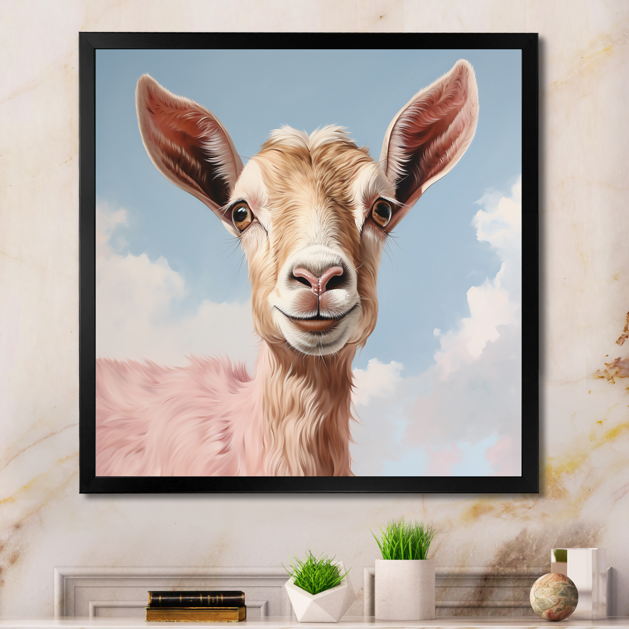 Designart "Dreamy Pink Cloud Goat Portrait" Animals Framed Wall Art ...