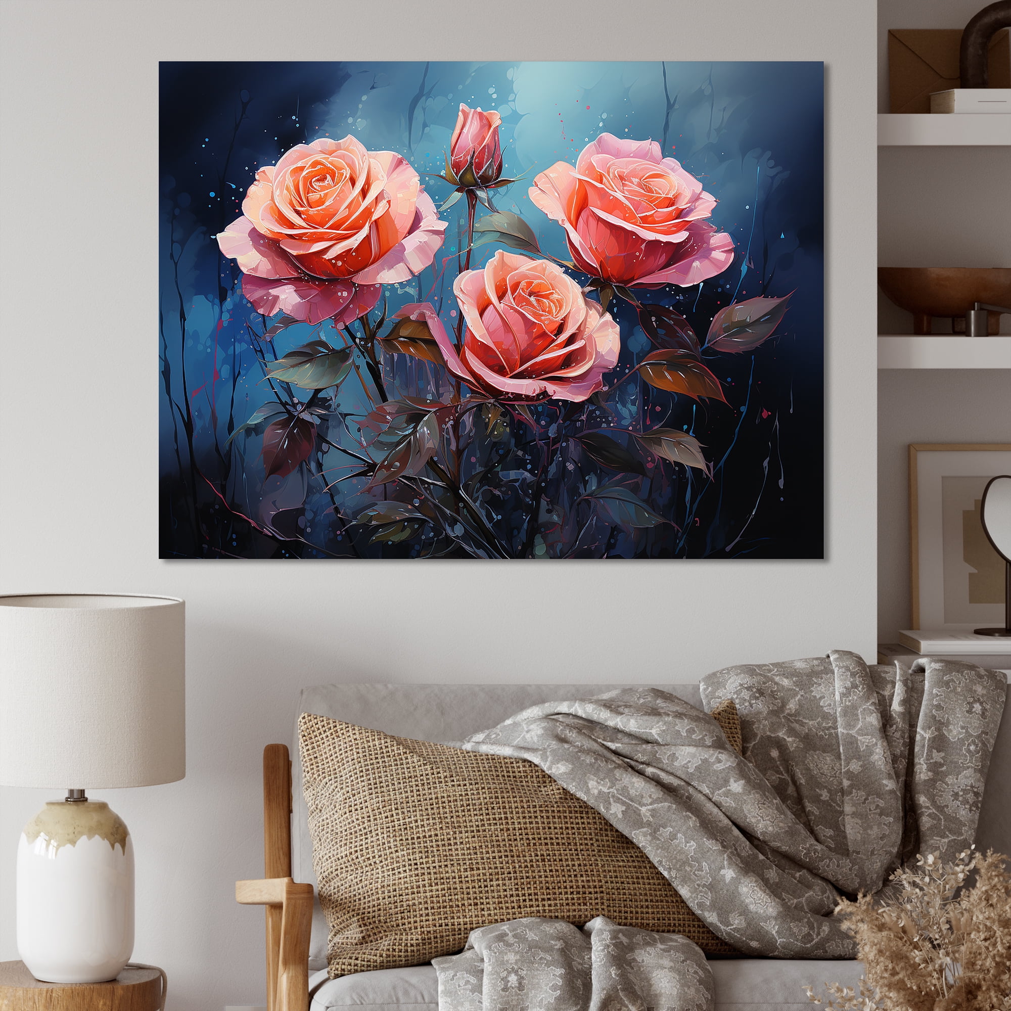 Designart "Dreamy Pink Rose Minimalism IV" Roses Wall Art Living Room ...