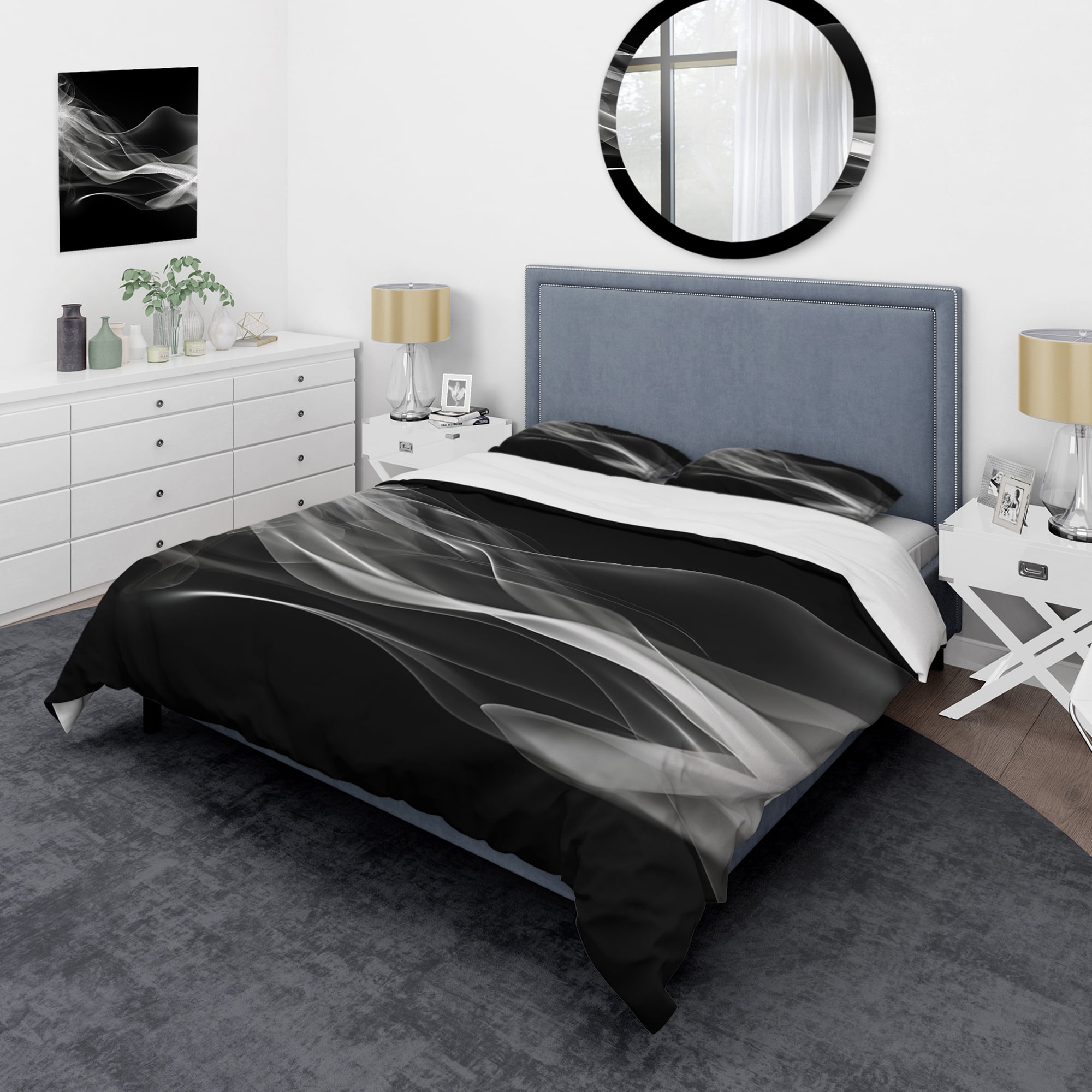Designart "Duality of Thought Black and White I" Modern Waves Bedding ...