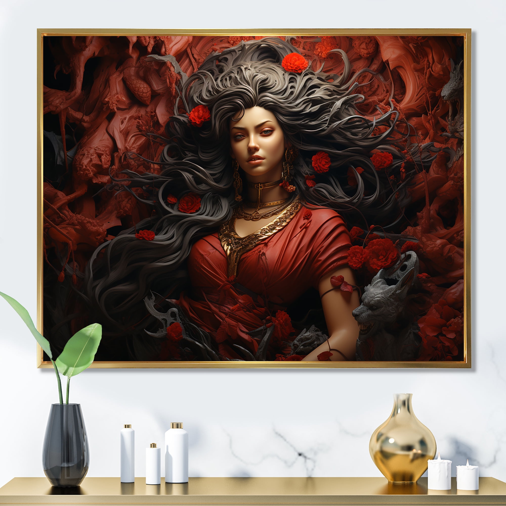 Designart "Durga'S Courage: Hindu Woman In Crimson" Hinduism Floater ...