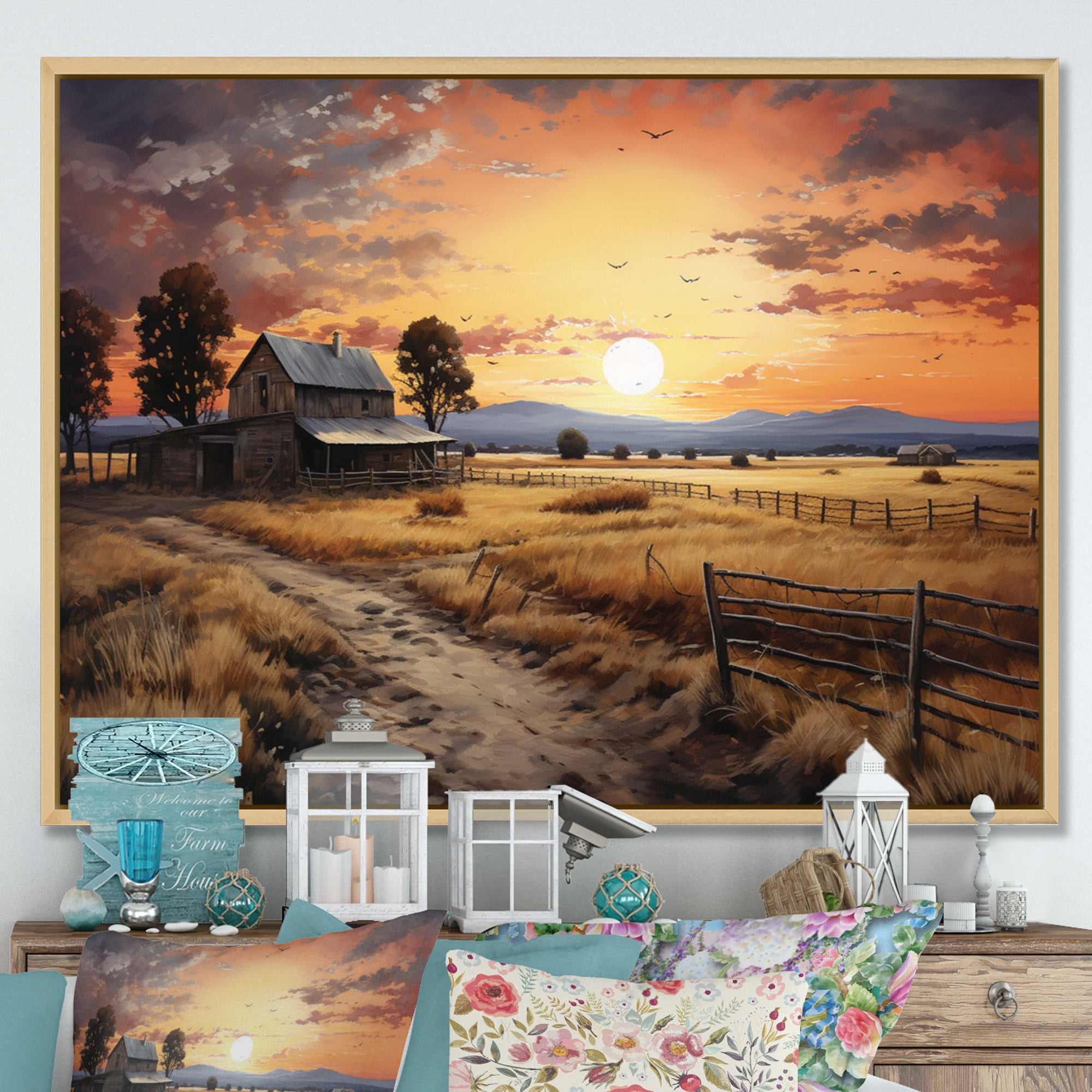 Designart "Dusk Scenery at the Barn IV" Farmhouse Floater Framed Wall ...
