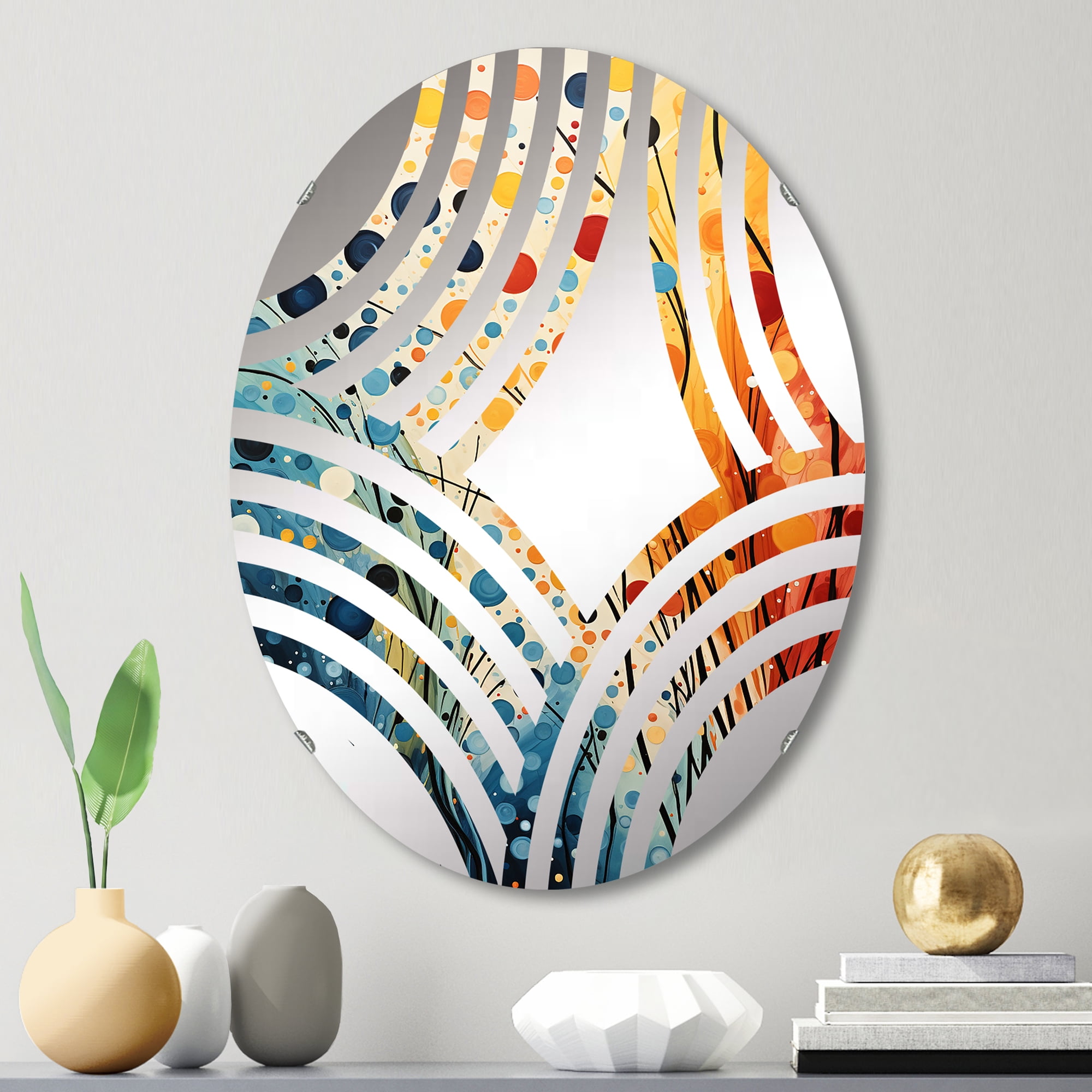 Designart "Dynamic Duality Colorful Mid Century Harmony III" Abstract Baptist Fan Round Wall ...