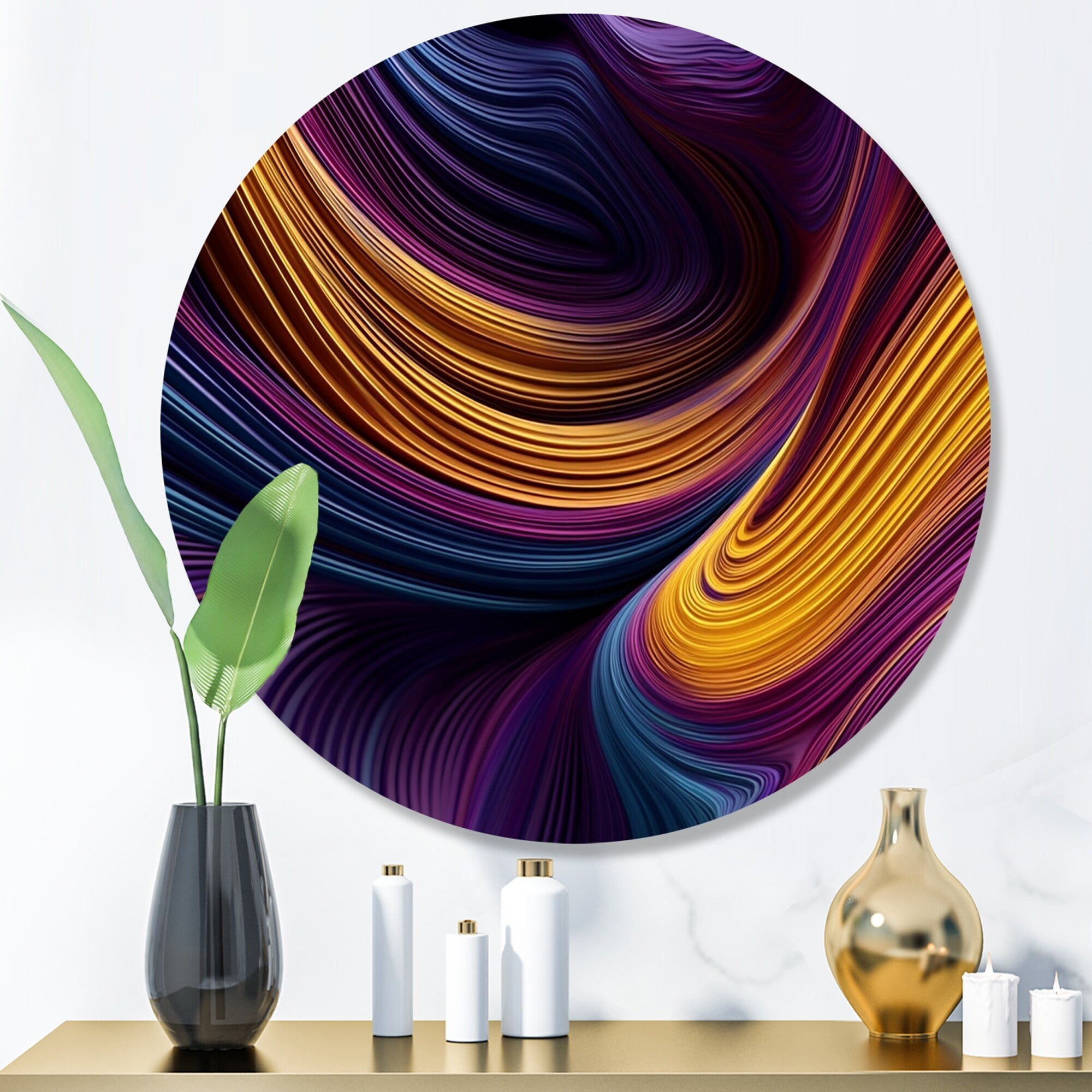 Designart "Dynamic Duet Purple and Yellow I" Modern Waves Metal Round ...